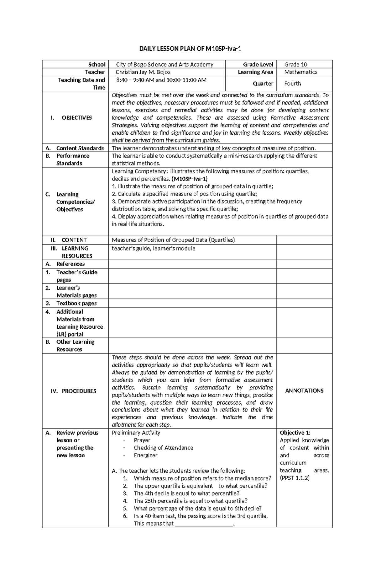 M10SP-IVa-1 - DAILY LESSON PLAN OF M10SP-Iva- School City of Bogo ...