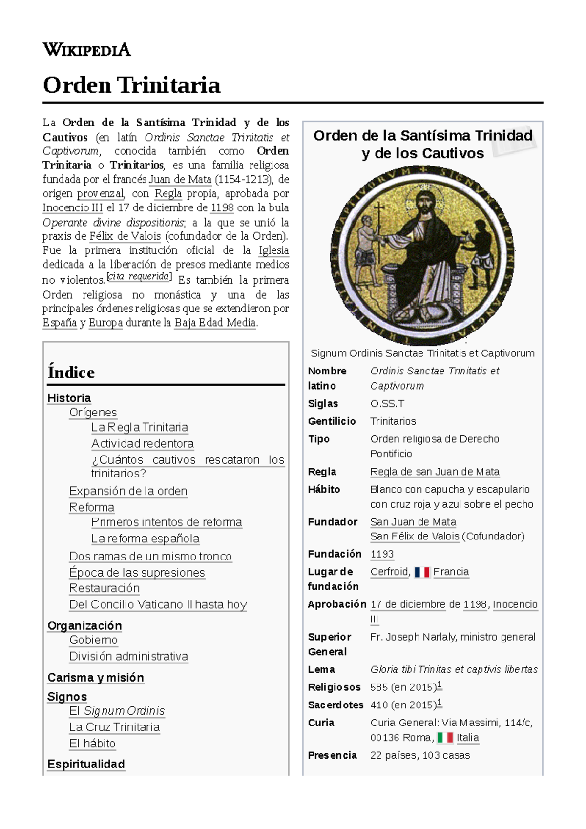 Orden Trinitaria - RESUMEN - Orden de la Santísima Trinidad y de los ...