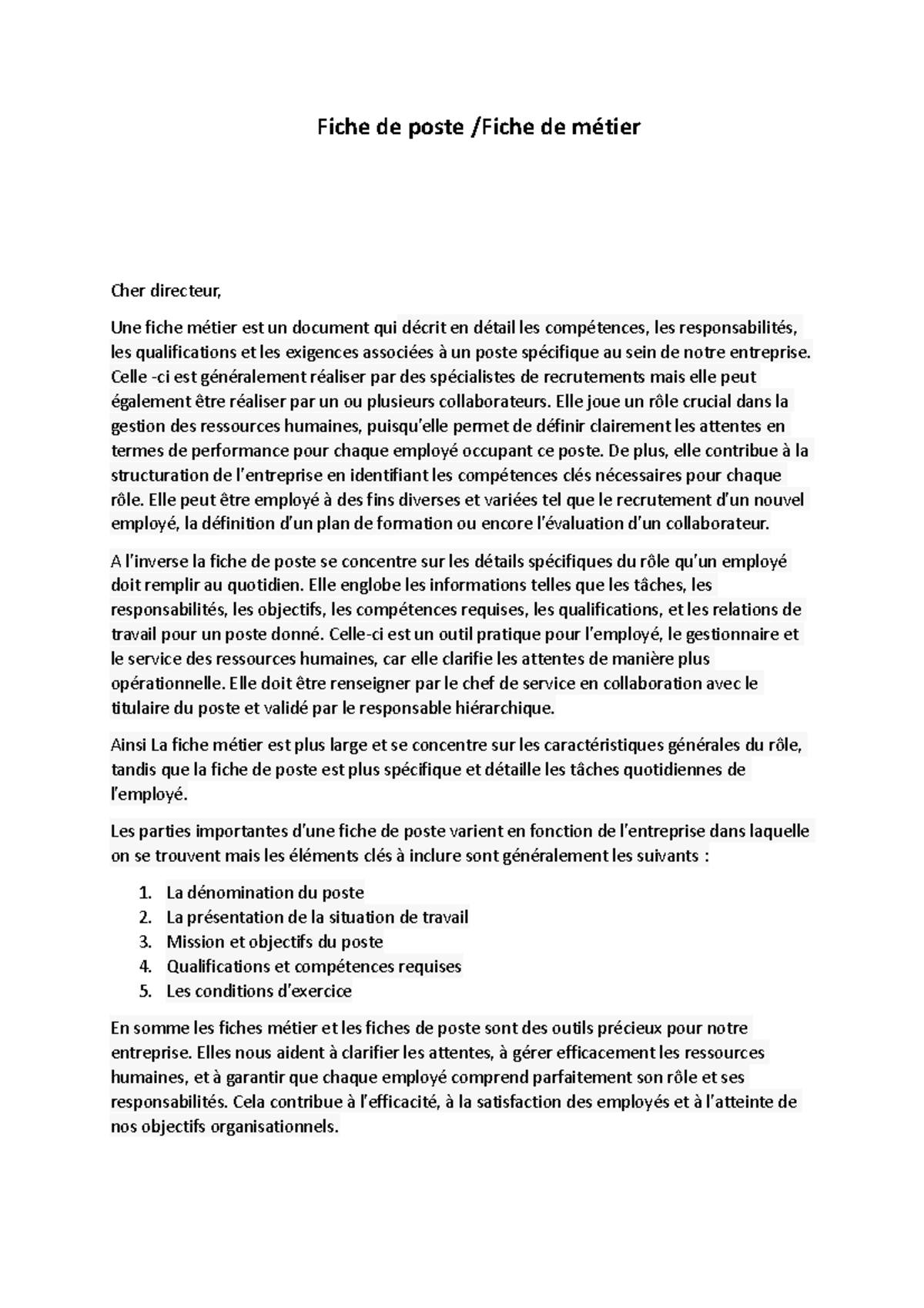 Grh Travail - lkk - Fiche de poste /Fiche de métier Cher directeur, Une fiche métier est un ...
