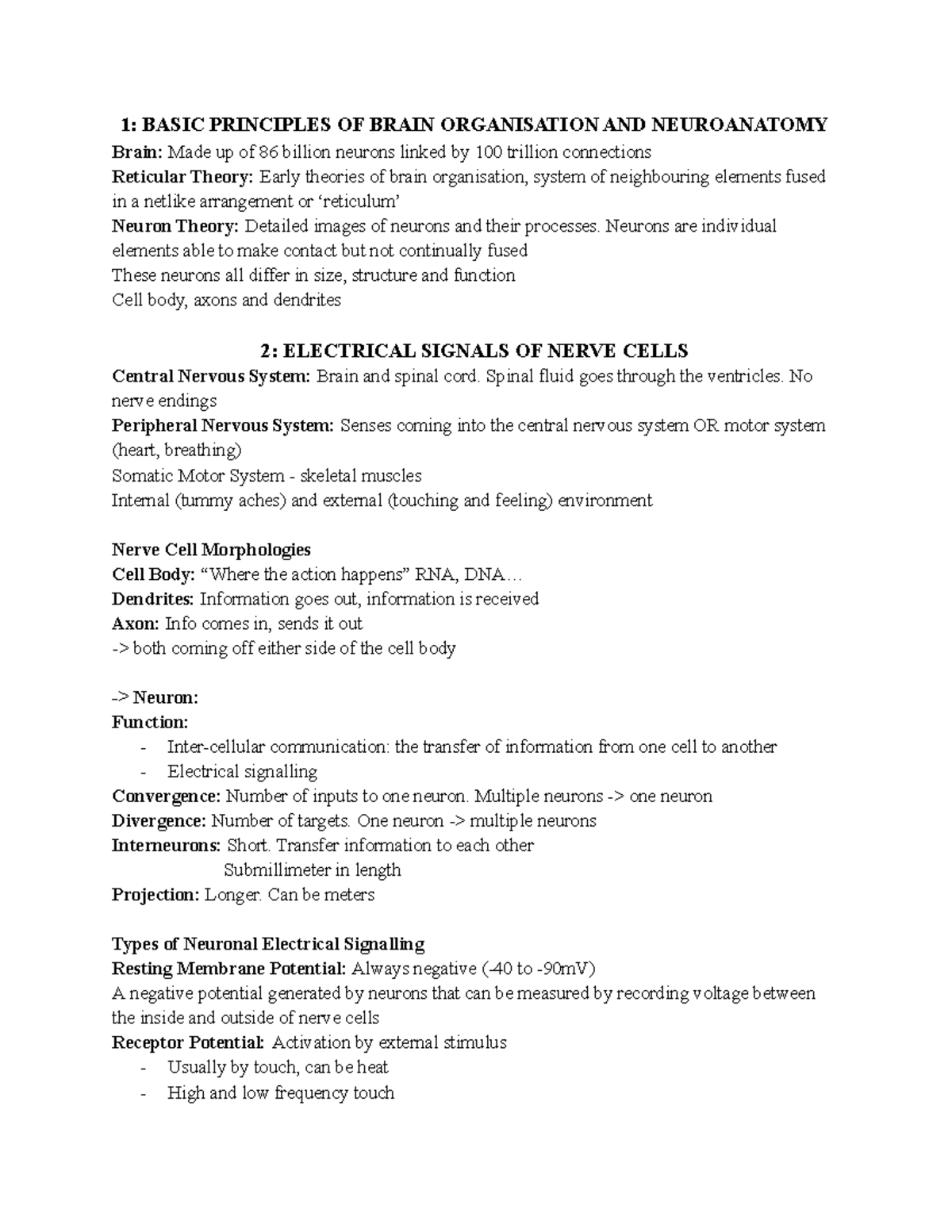 Neuroscience Midterm Notes - 1: BASIC PRINCIPLES OF BRAIN ORGANISATION ...