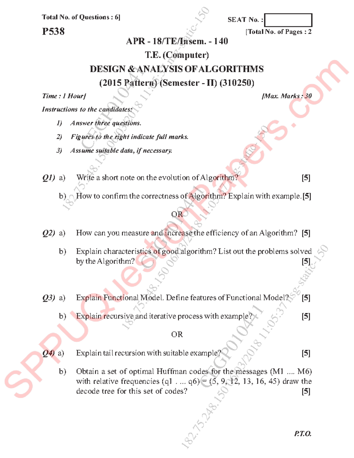 Be Computer Engineering Semester 6 2018 March Design And Analysis Of Algorithms Daa Pattern 2015