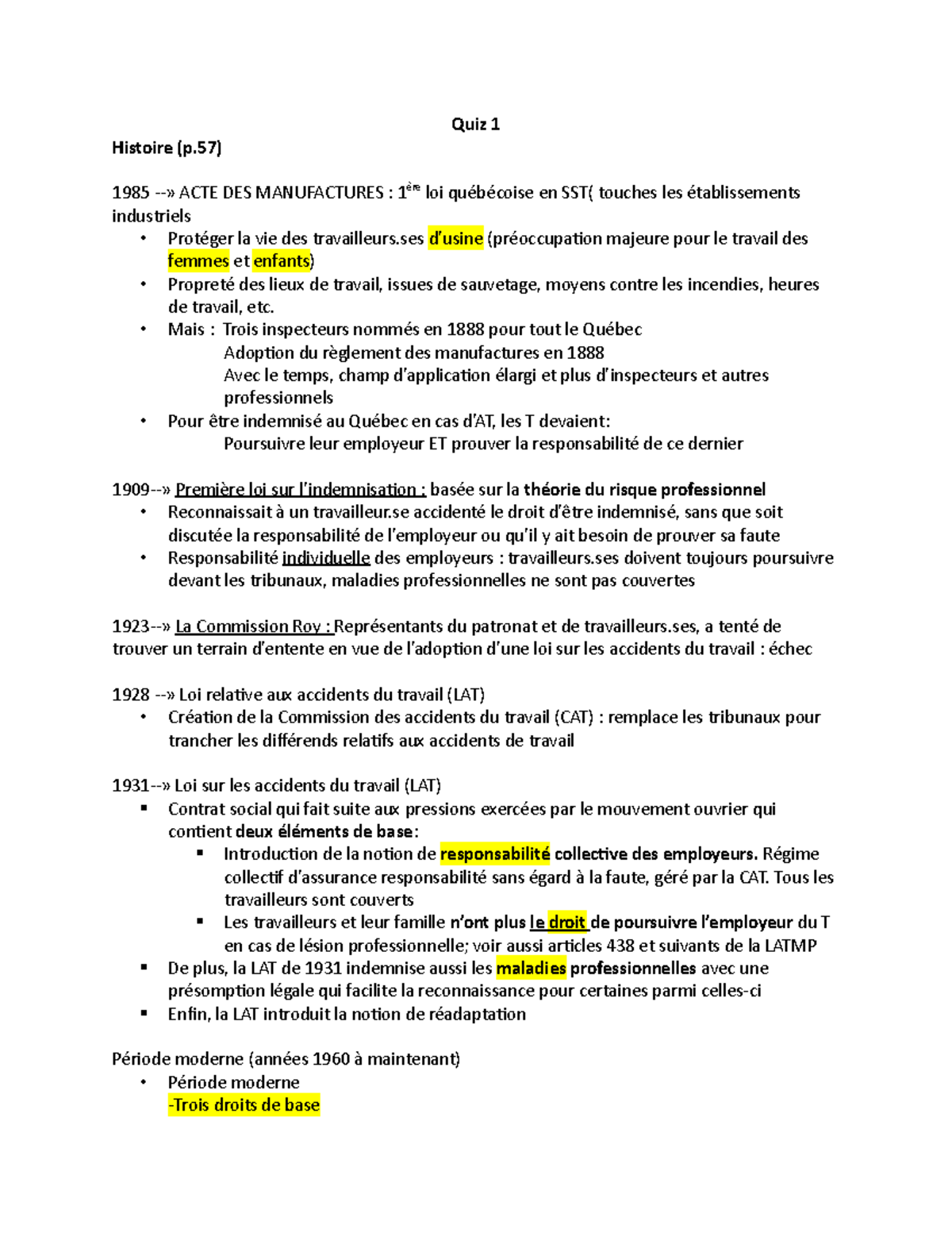 Quiz 1 - Pour plus de détails, voir le plan de cours. - Quiz 1 Histoire ...