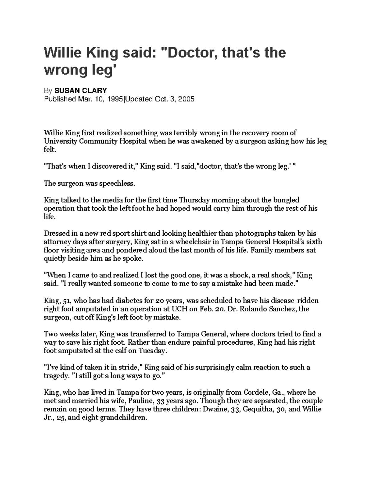 Wrong Site Surgery Case Study - Willie King said: "Doctor, that's the ...