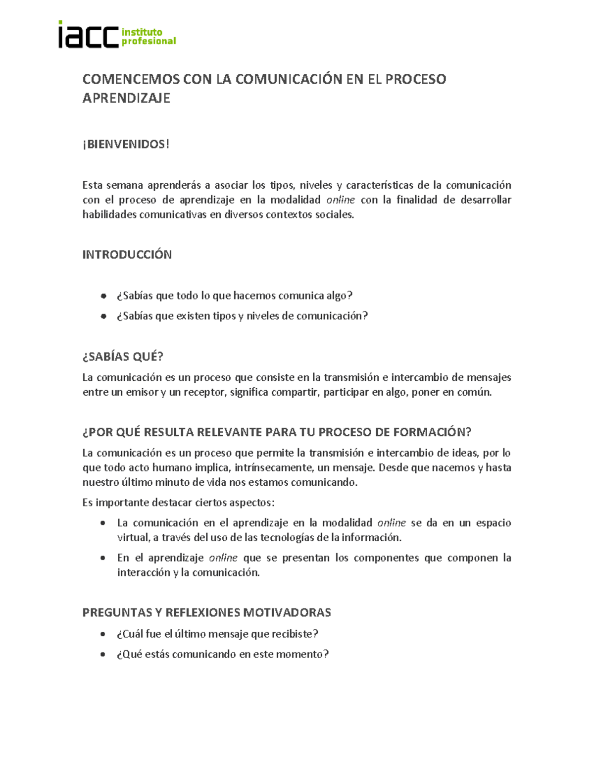 S4 Notas Inicio ACC Desha 1602-L - COMENCEMOS CON LA COMUNICACI”N EN EL PROCESO APRENDIZAJE ...