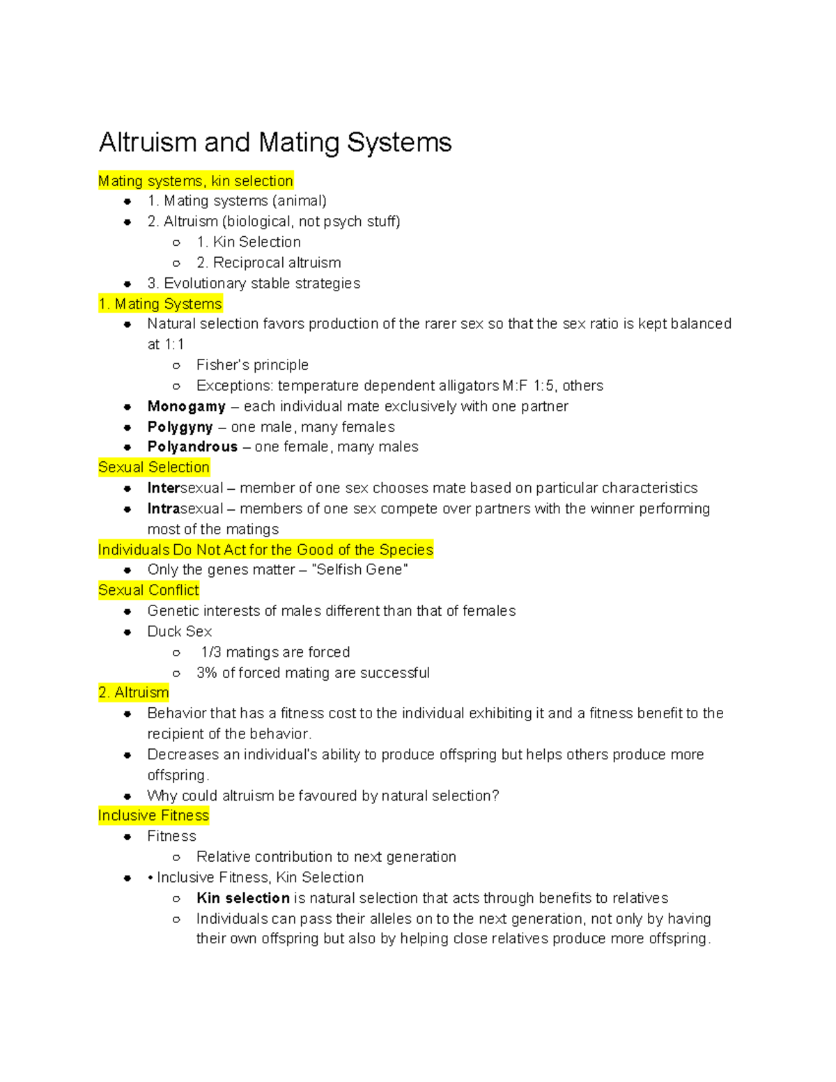 Altruism - Lecture notes 2 - Altruism and Mating Systems Mating systems ...