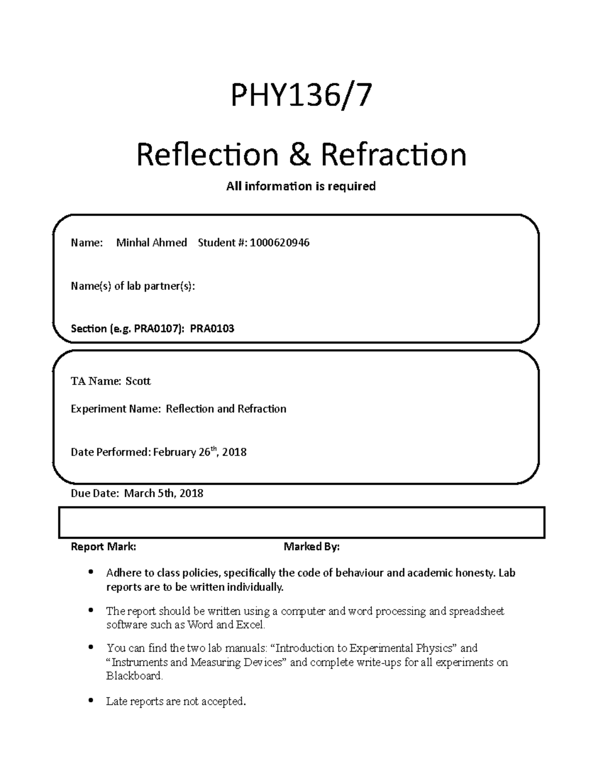Phy 137 Lab Report 4 On Reflection And Refraction Phy136