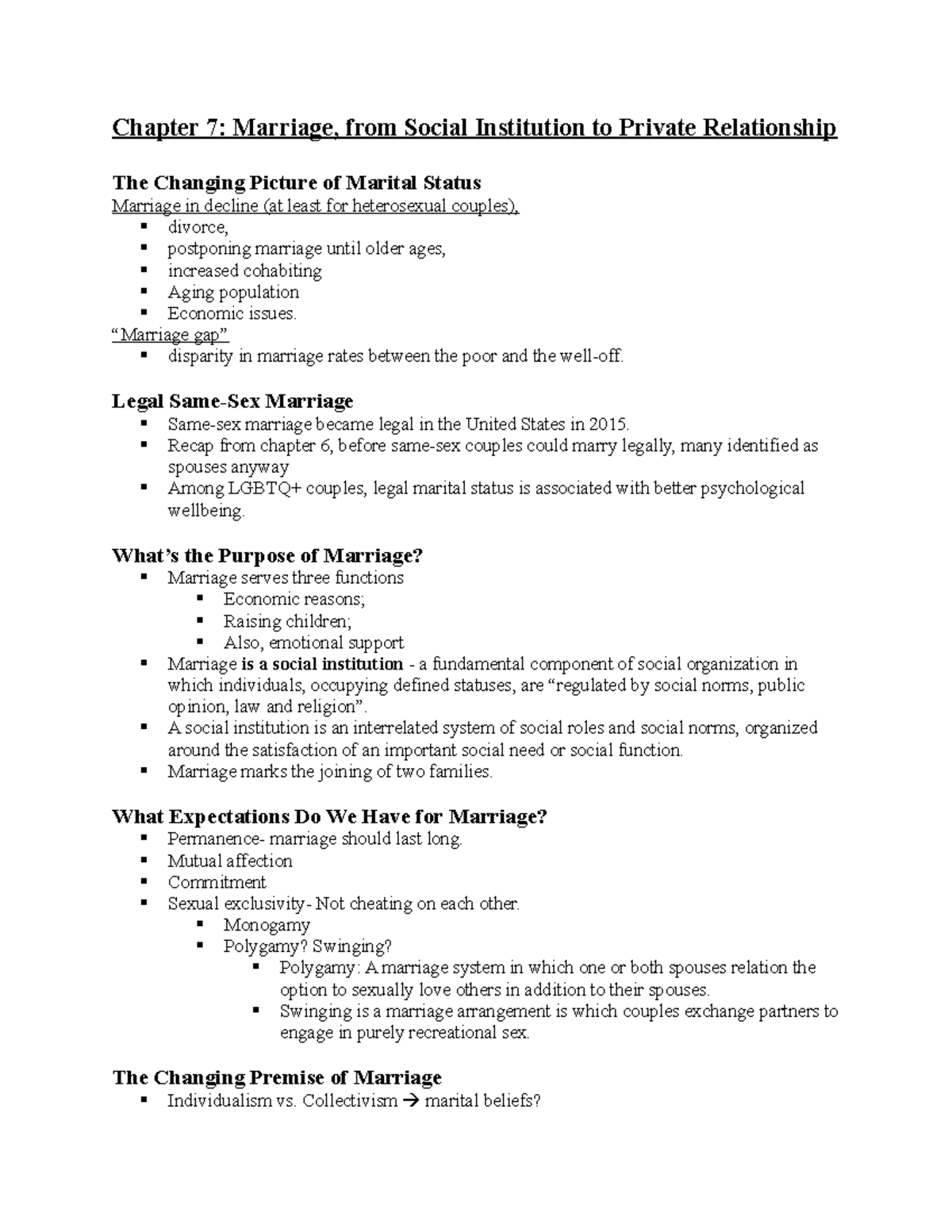 FAD2230- Chapter 7 Notes - Chapter 7: Marriage, from Social Institution ...