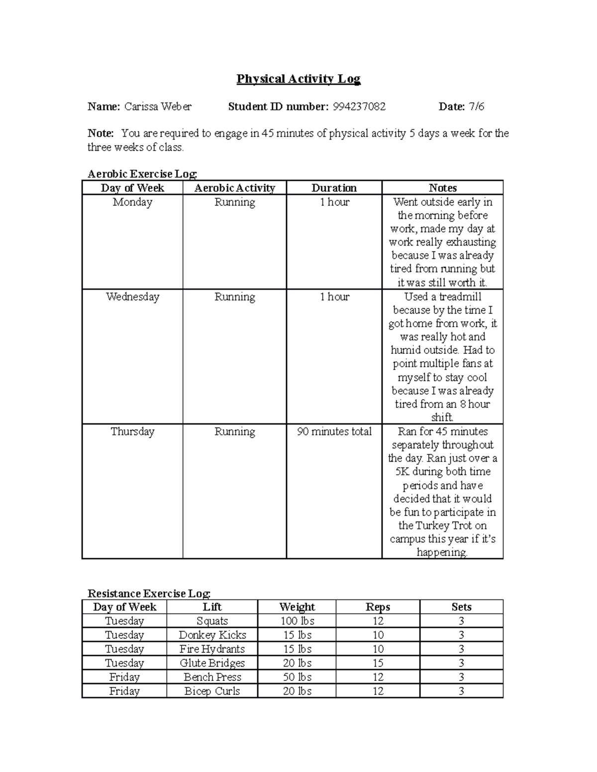 Activity Log Week 3 - online summer version - Physical Activity Log ...