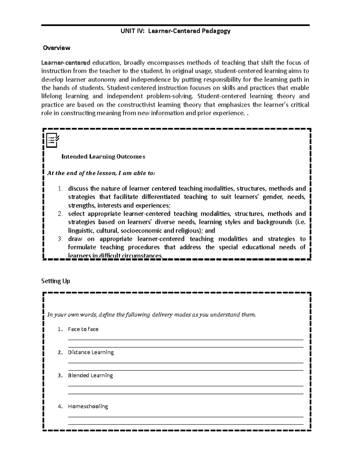 UNIT 4 Profed 3 - lecture - Intended Learning Outcomes At the end of ...