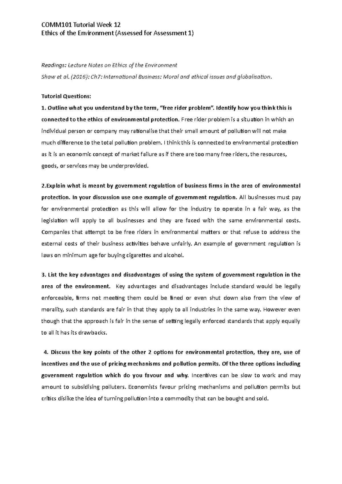 Week 12Q - Ethics of Environment - COMM101 Tutorial Week 12 Ethics of ...