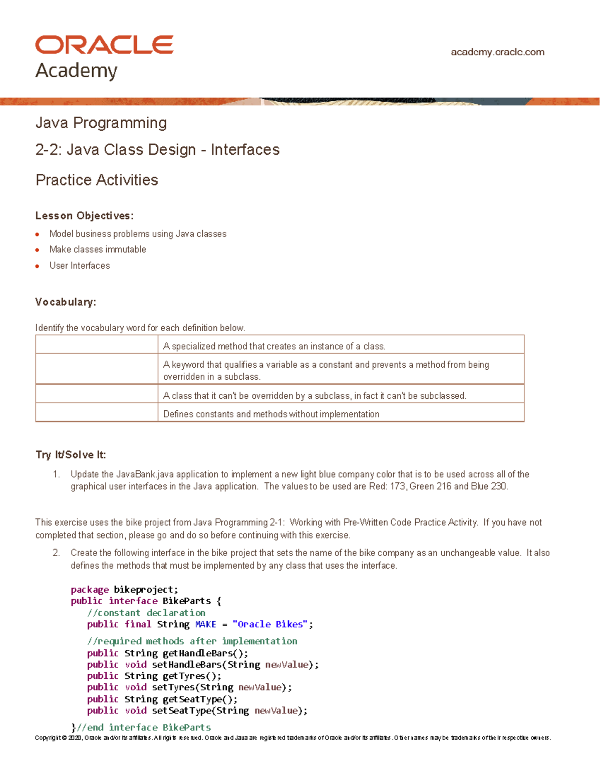JP 2 2 Practice - Java Teoria - Copyright © 2020, Oracle and/or its ...