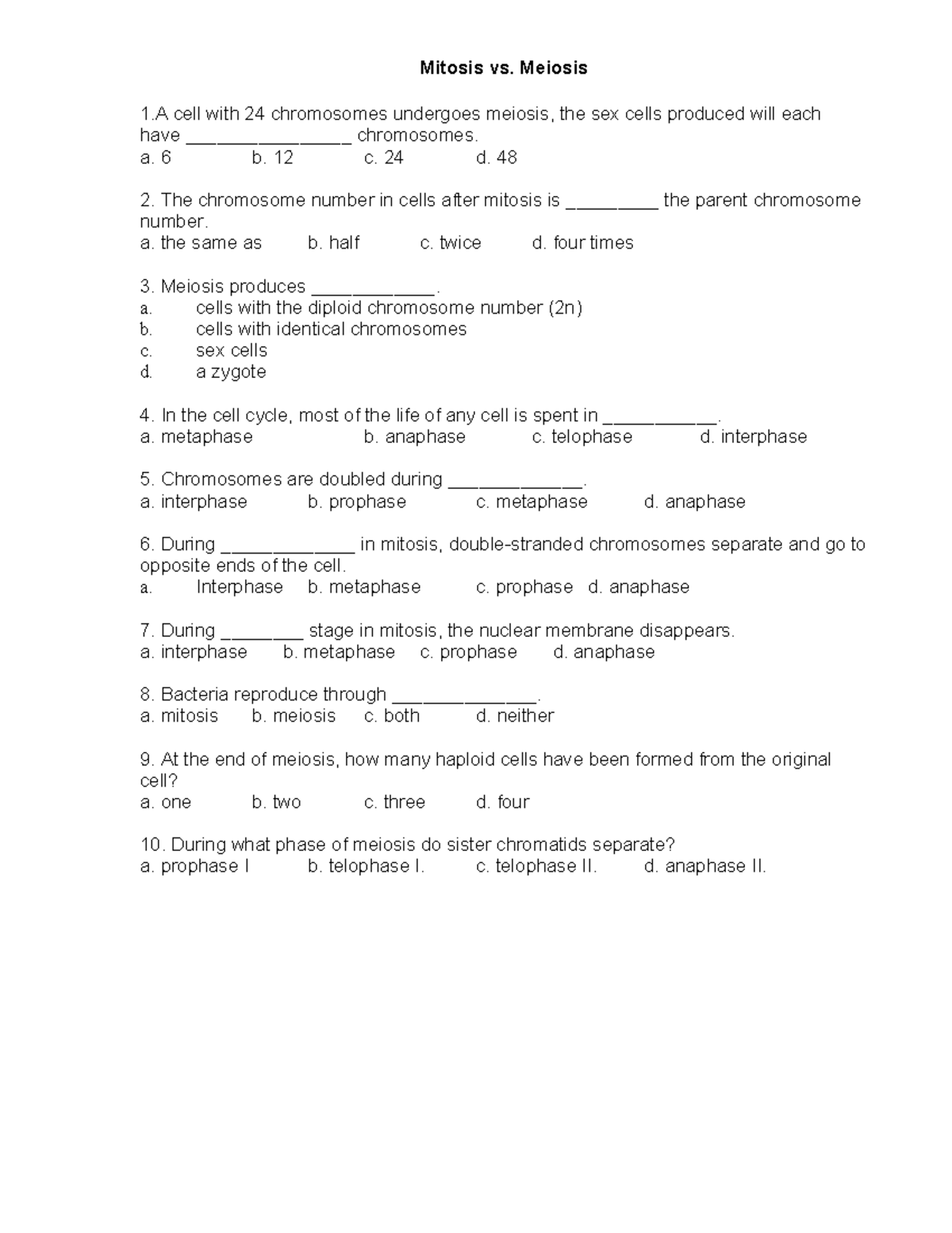 Mitosis vs meiosis quiz KEY-1 - Mitosis vs. Meiosis 1 cell with 24 ...