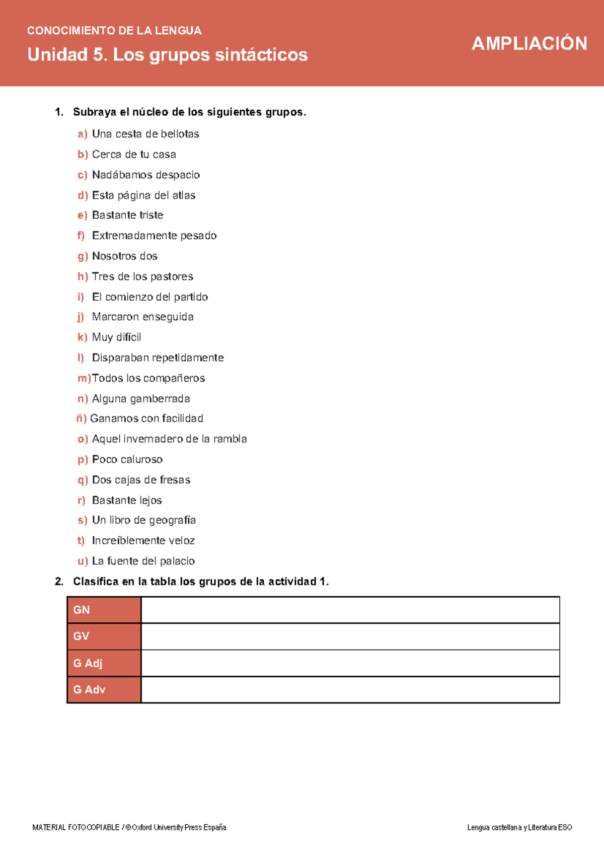 2º ESO. Los sintagmas. Oxford. 5 páginas. Con soluciones - Unidad 5. Los grupos sintácticos ...