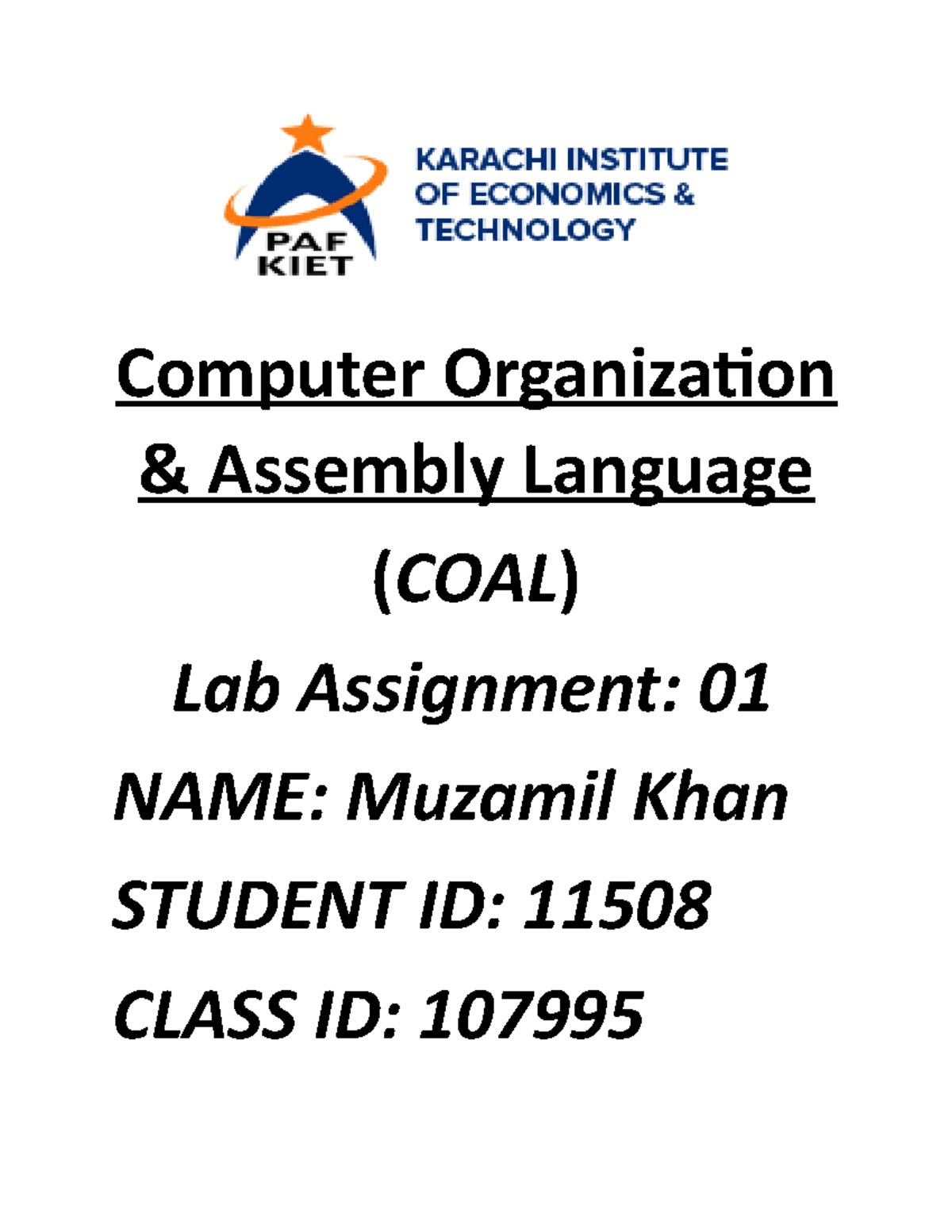 (11508) Muzamil Khan Coal Lab Assignment 1 - Computer Organization ...