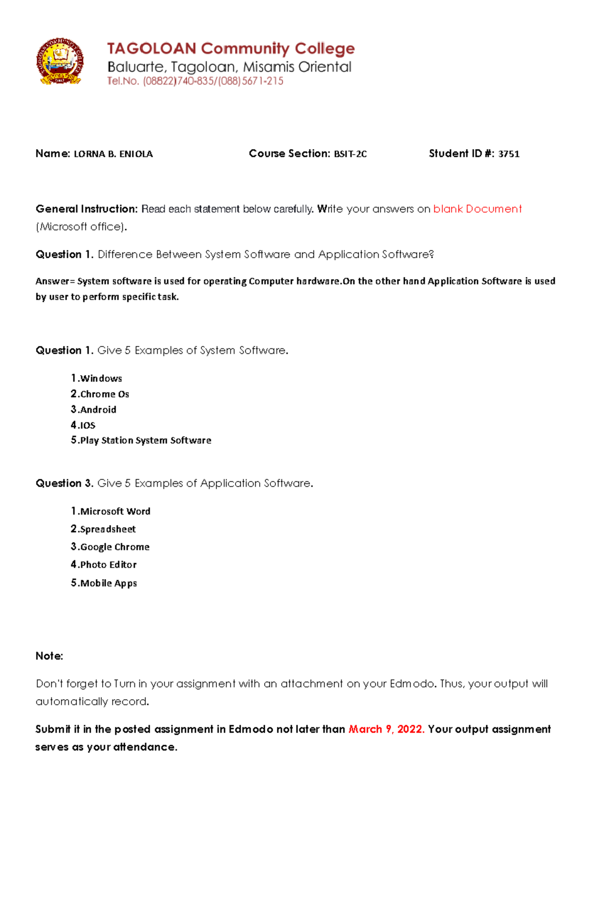 Eniola Assignment templete - Name: LORNA B. ENIOLA Course Section: BSIT ...