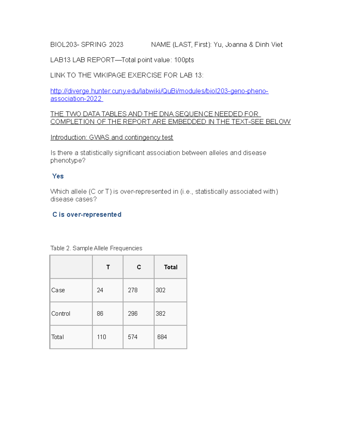Biol 203 Lab Report 4 Biol203 Spring 2023 Name Last First Yu Joanna And Dinh Viet Lab13 6042