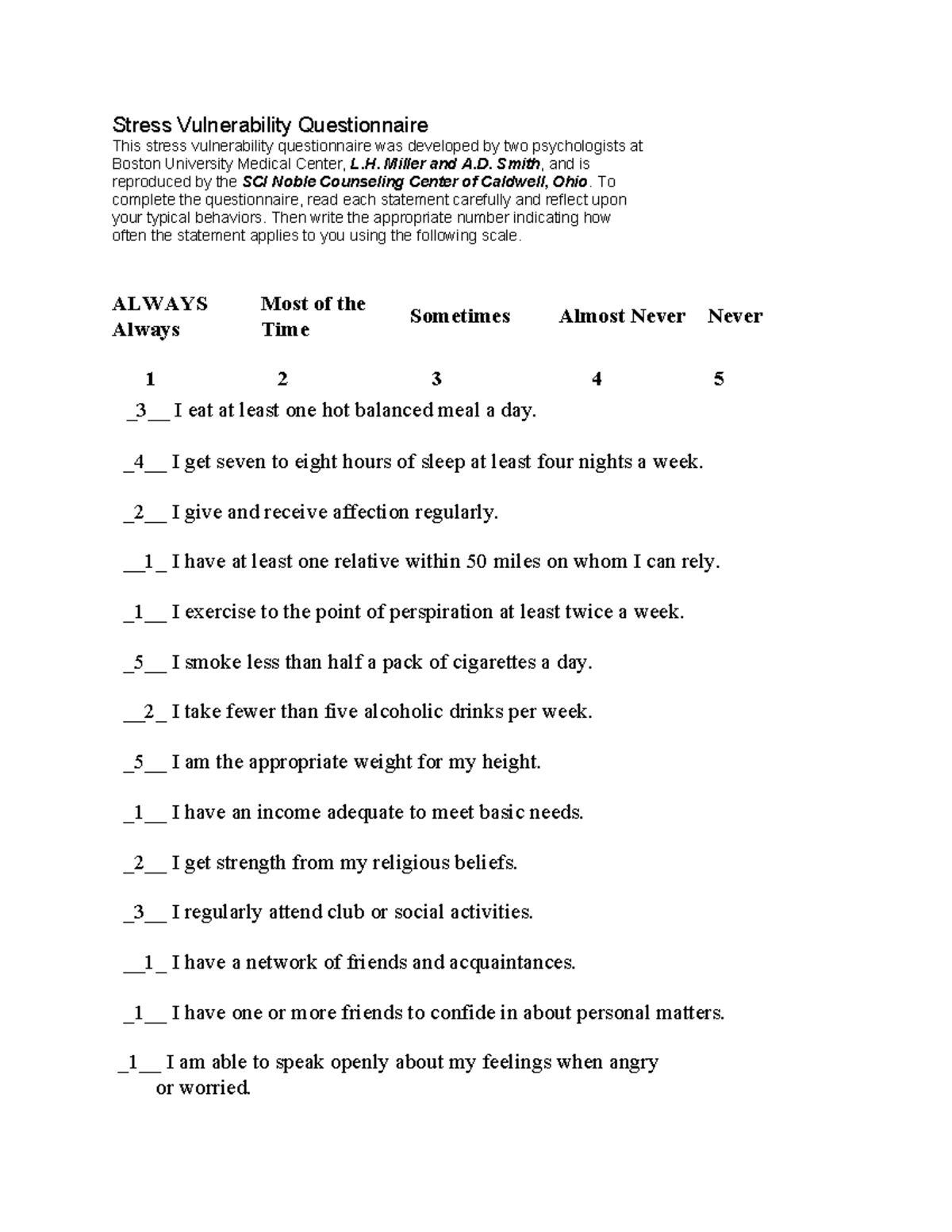 JC-Stress Vulnerability Questionnaire - Stress Vulnerability ...