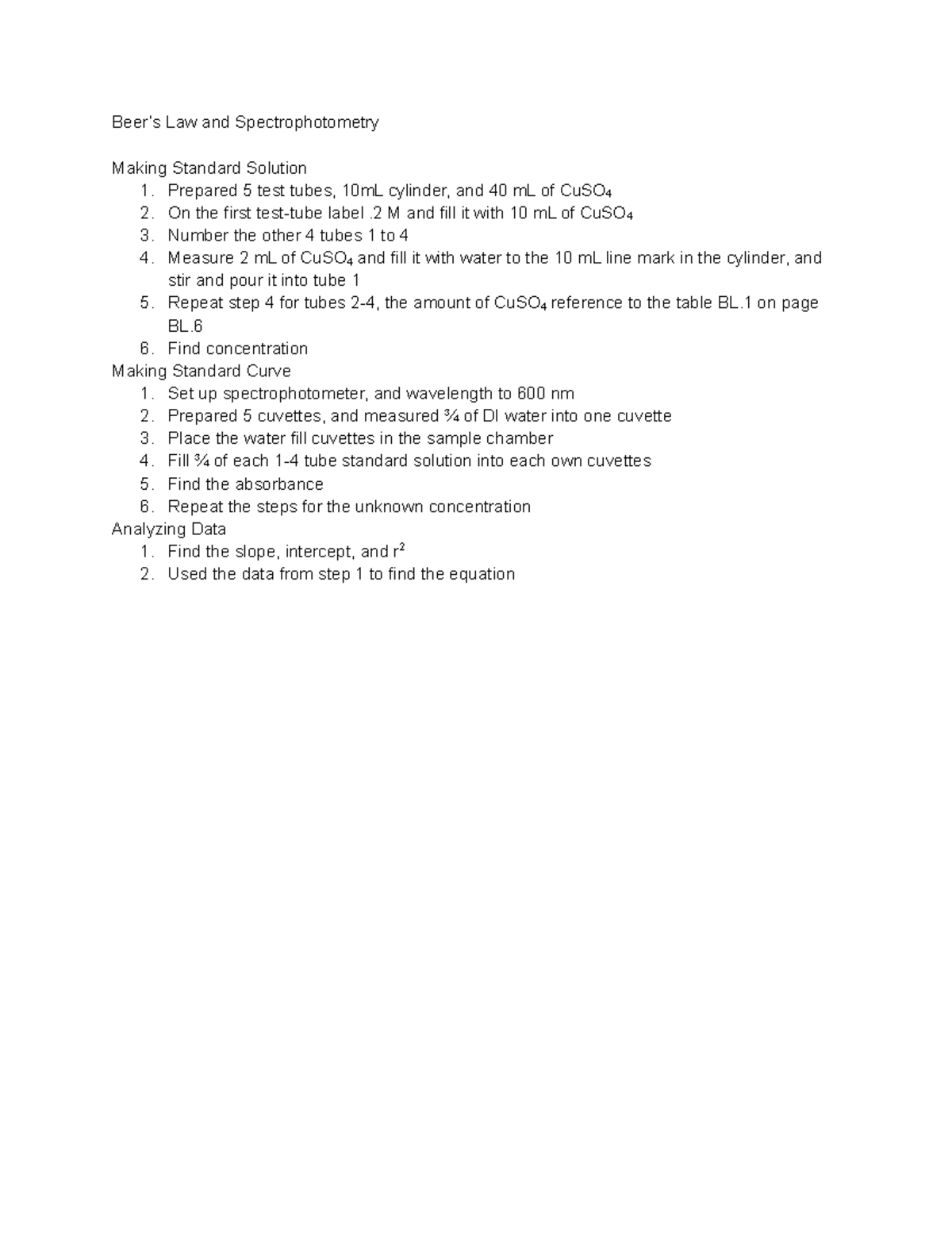 Beer’s Law and Spectrophotometry Summary - Beer’s Law and ...