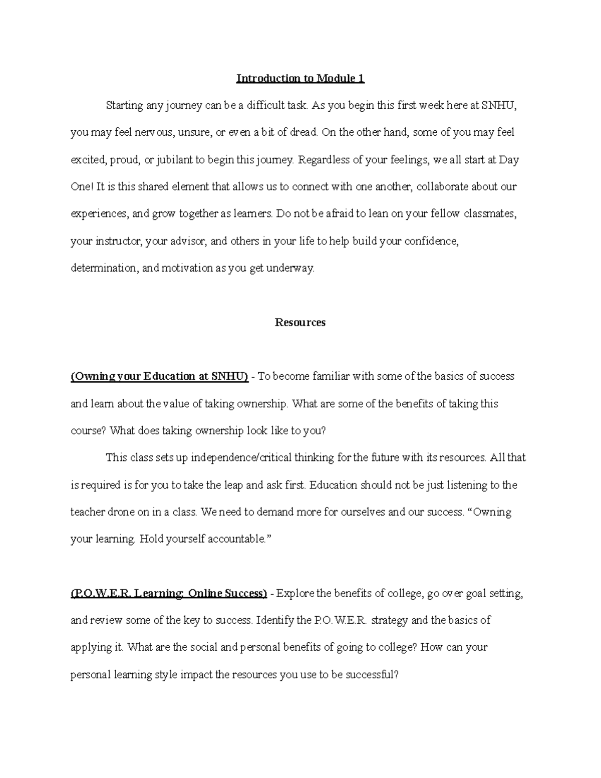 SNHU-107 Notes for Module 1 - Introduction to Module 1 Starting any ...