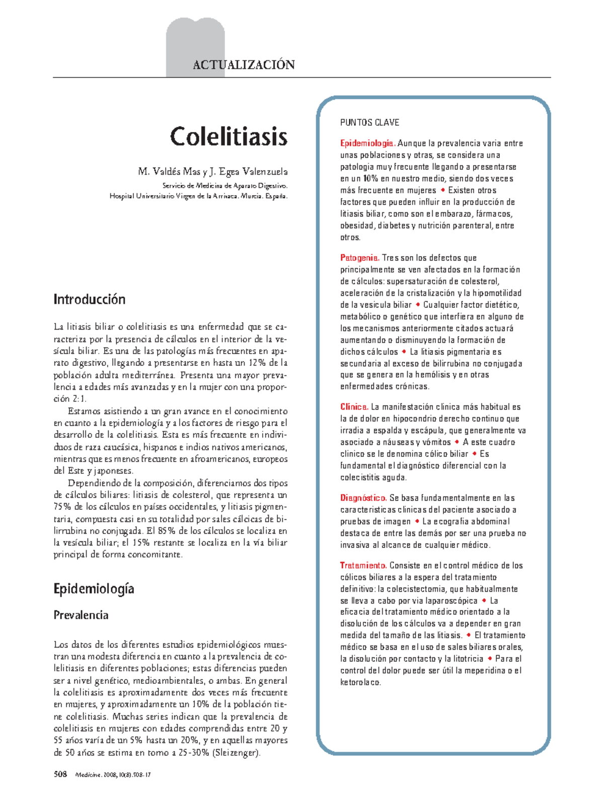 Colelitiasis - 508 Medicine. 2008;10(8):508- ACTUALIZACIÓN Introducción ...