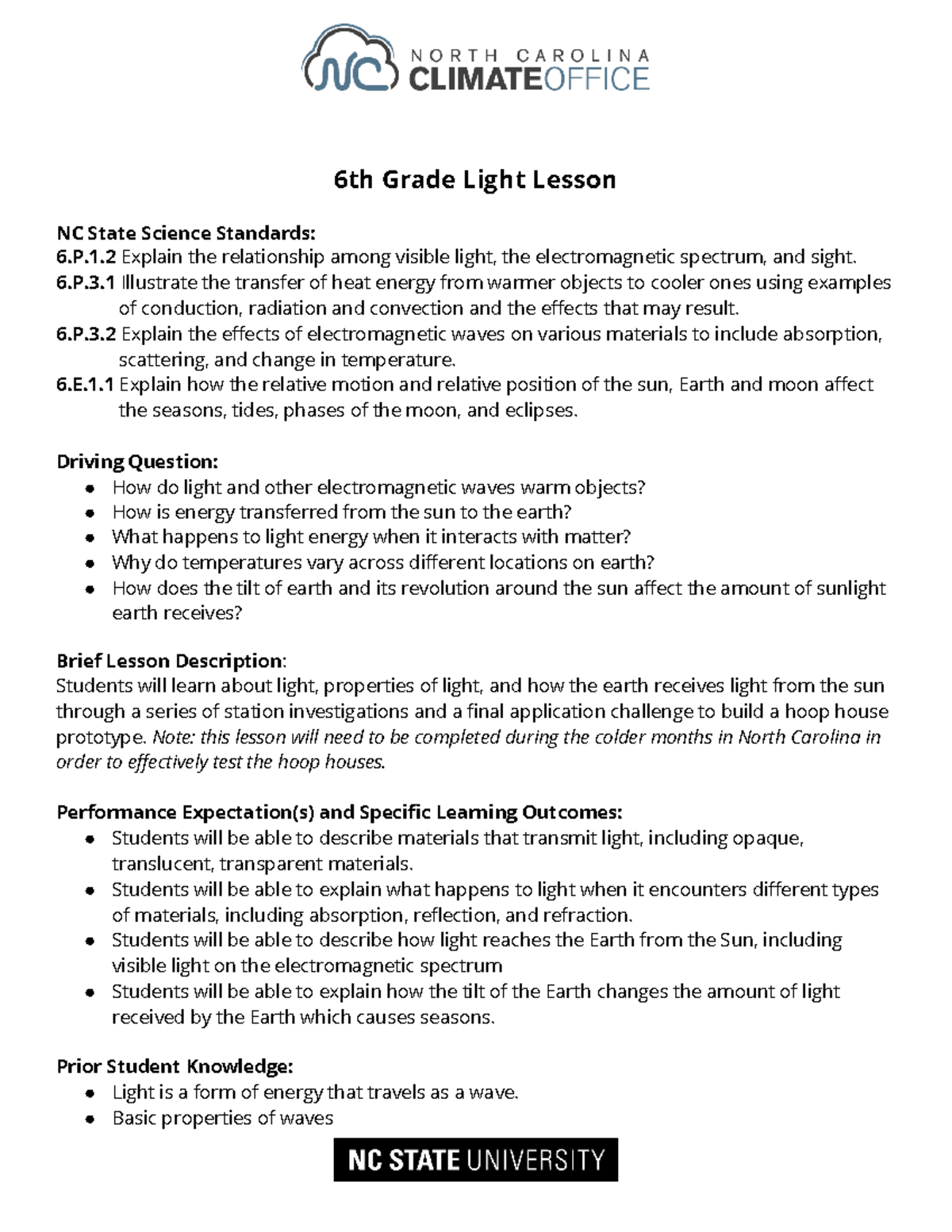 SCO 6th Grade Light Lesson - 6th Grade Light Lesson NC State Science ...