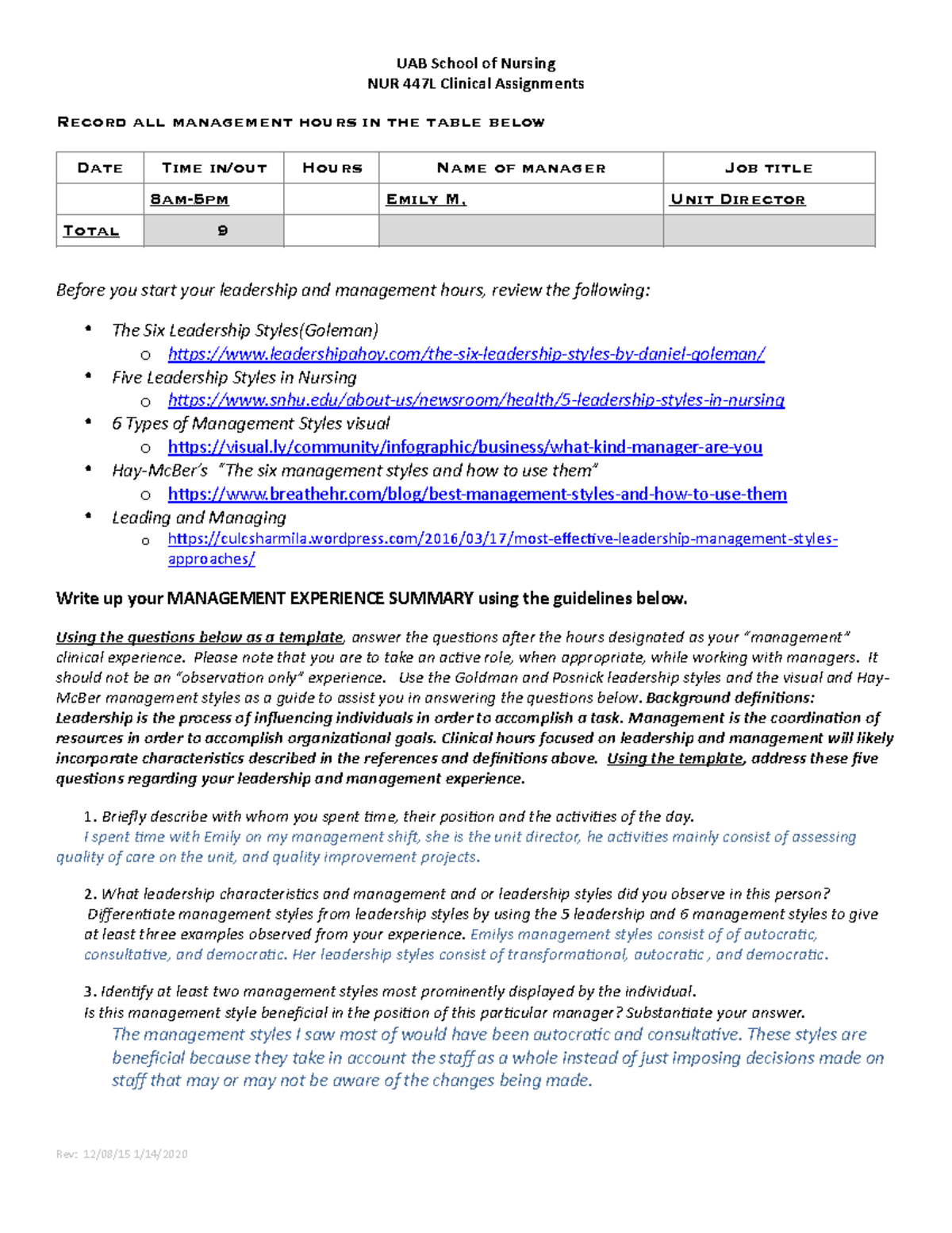 Management Log correct - UAB School of Nursing NUR 447L Clinical ...