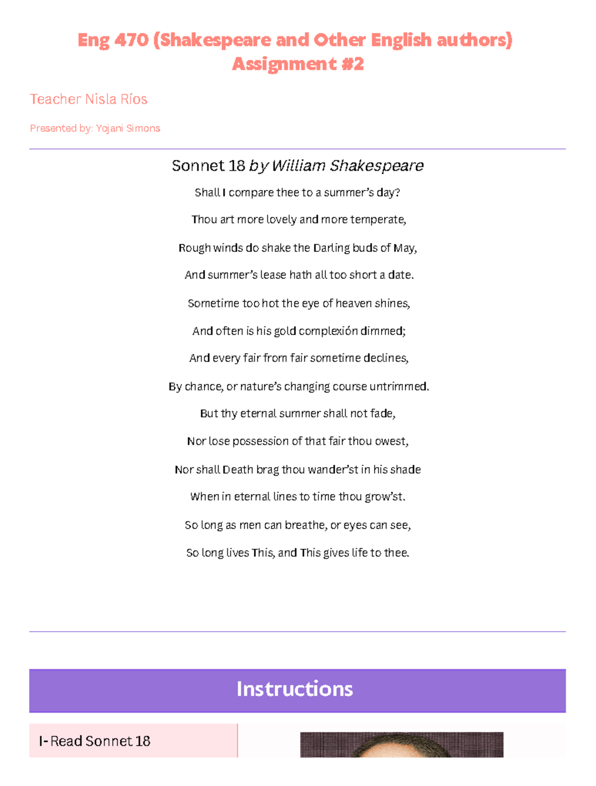 Sonnet 18 Analysis - Análisis del soneto 18 - Eng 470 (Shakespeare and ...