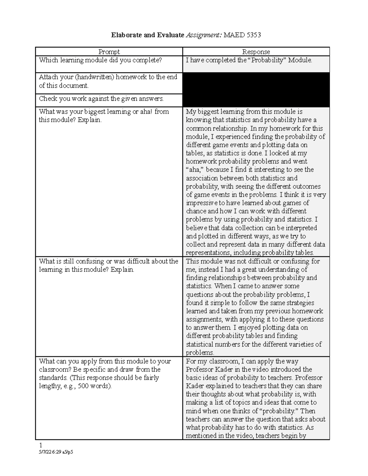 Elaborate and Evaluate Assignment MAED 5353 - Attach your (handwritten ...