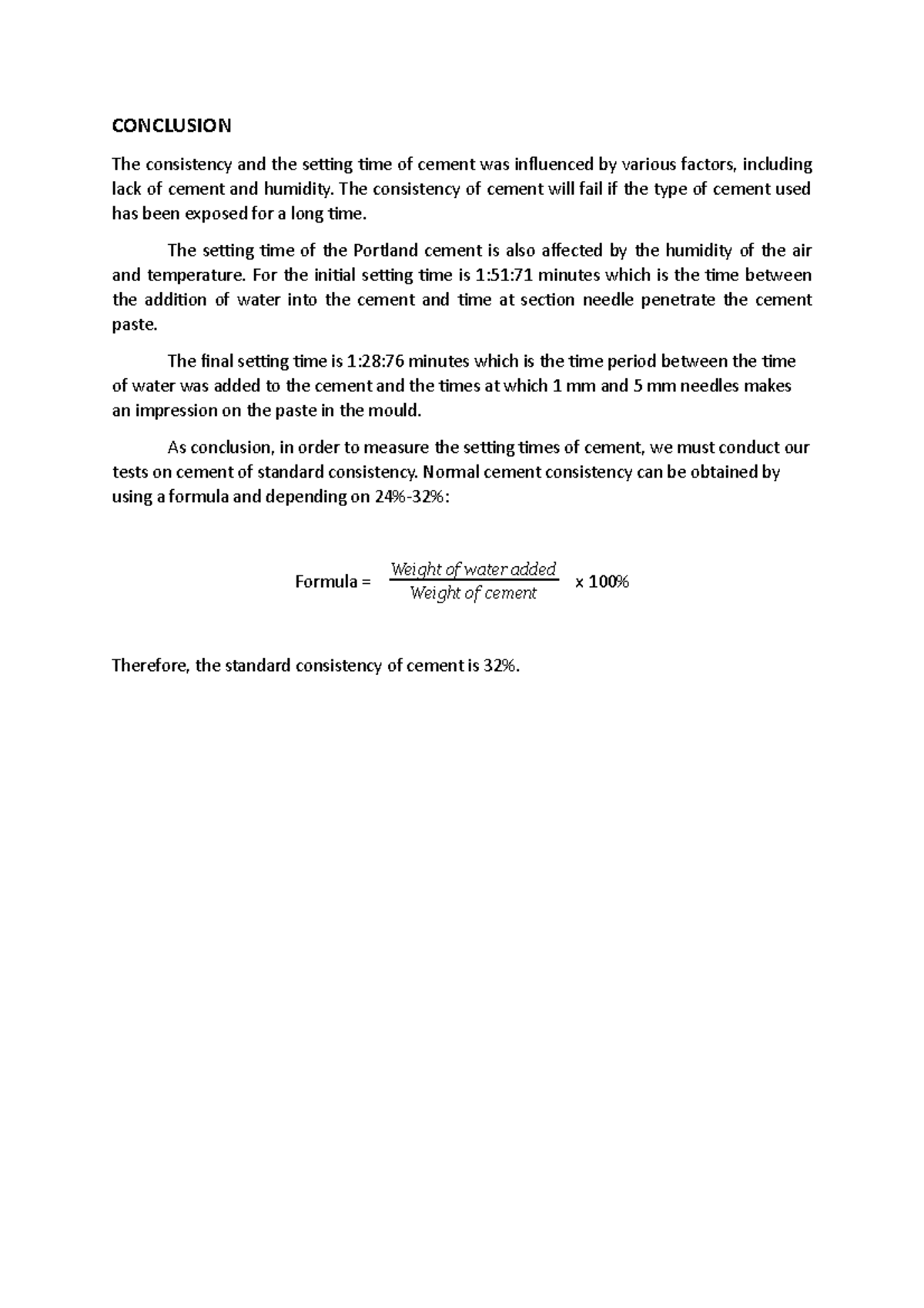 Conclusion of cement - Lecture notes wewswe - CONCLUSION The ...