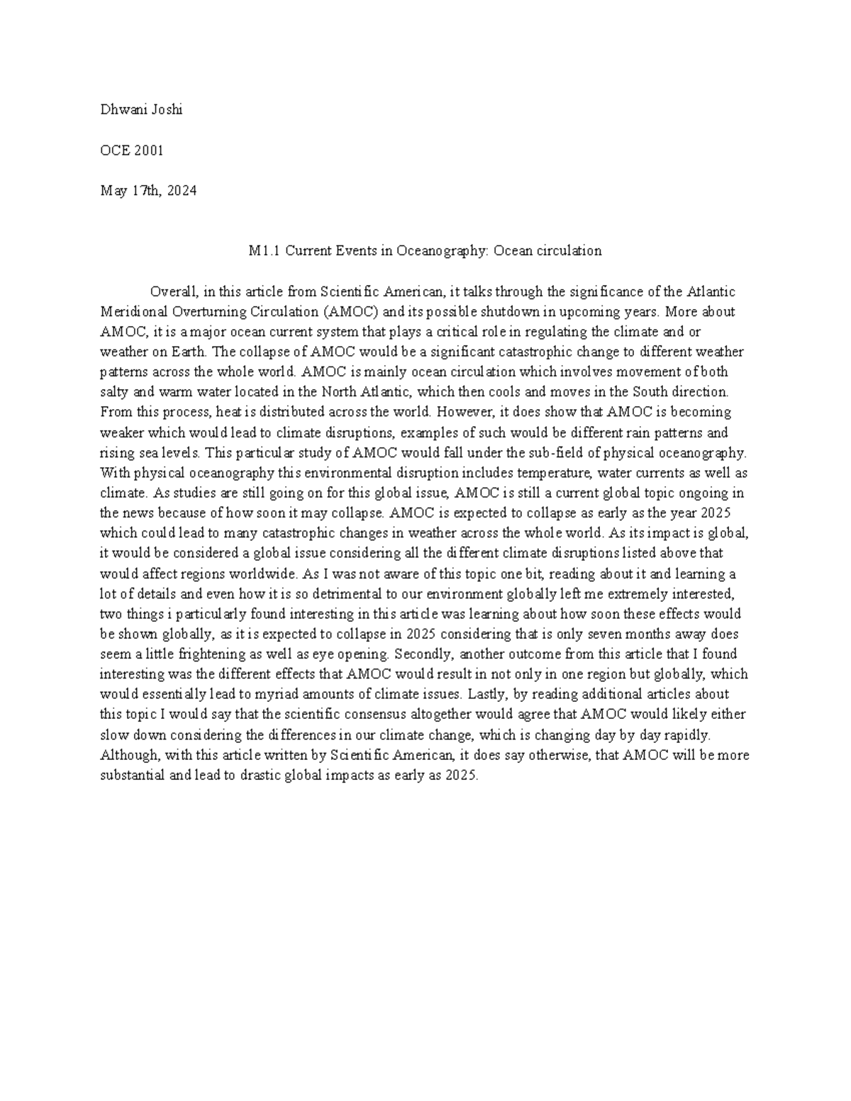 Joshi D. M1.1 Current Events in Oceanography Ocean circulation - Dhwani ...