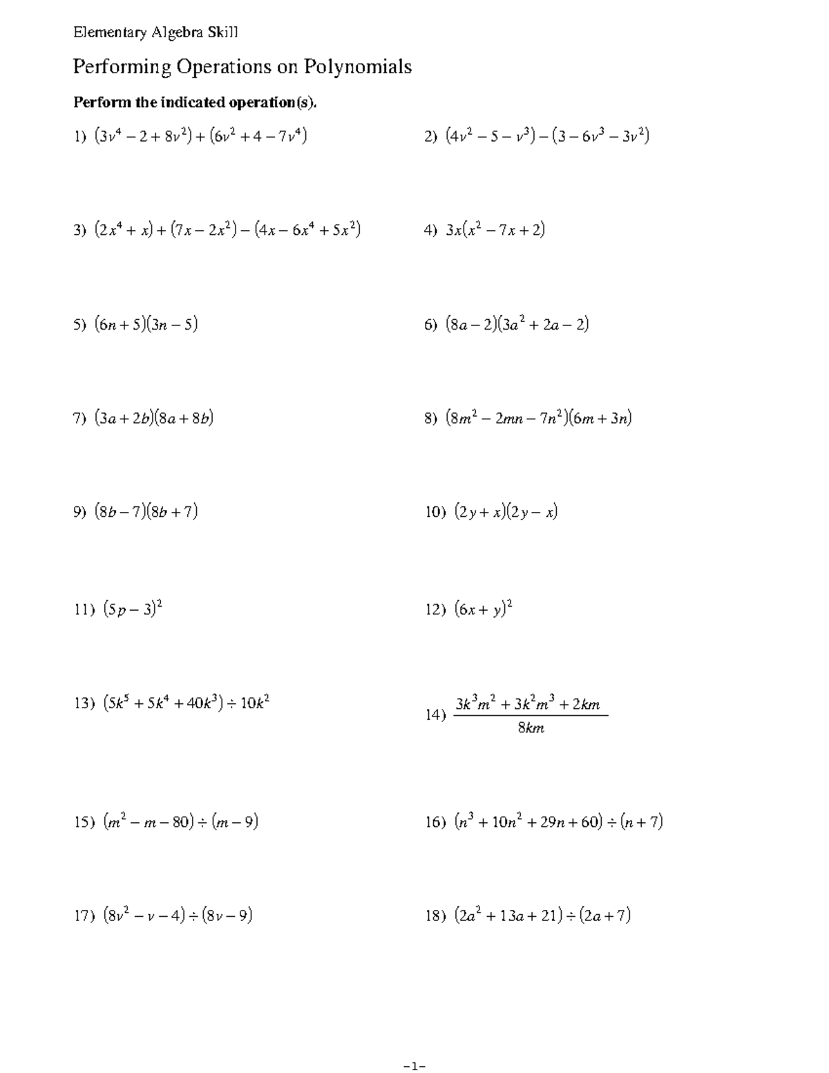 Poly ASMD-1 - MATH - Elementary Algebra Skill Performing Operations on Polynomials Perform the ...