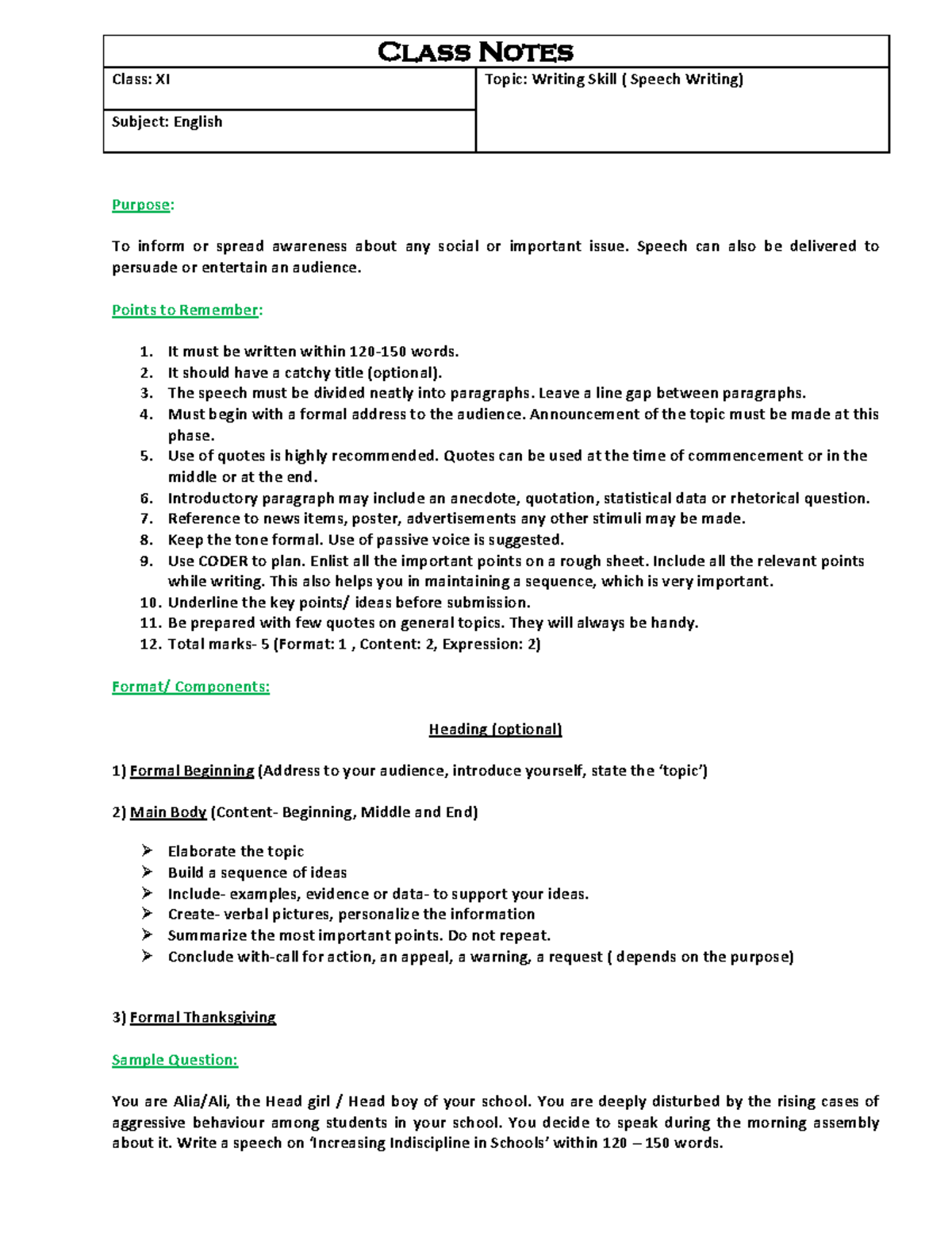 Speech writing - Class Notes Class: XI Topic: Writing Skill ( Speech ...