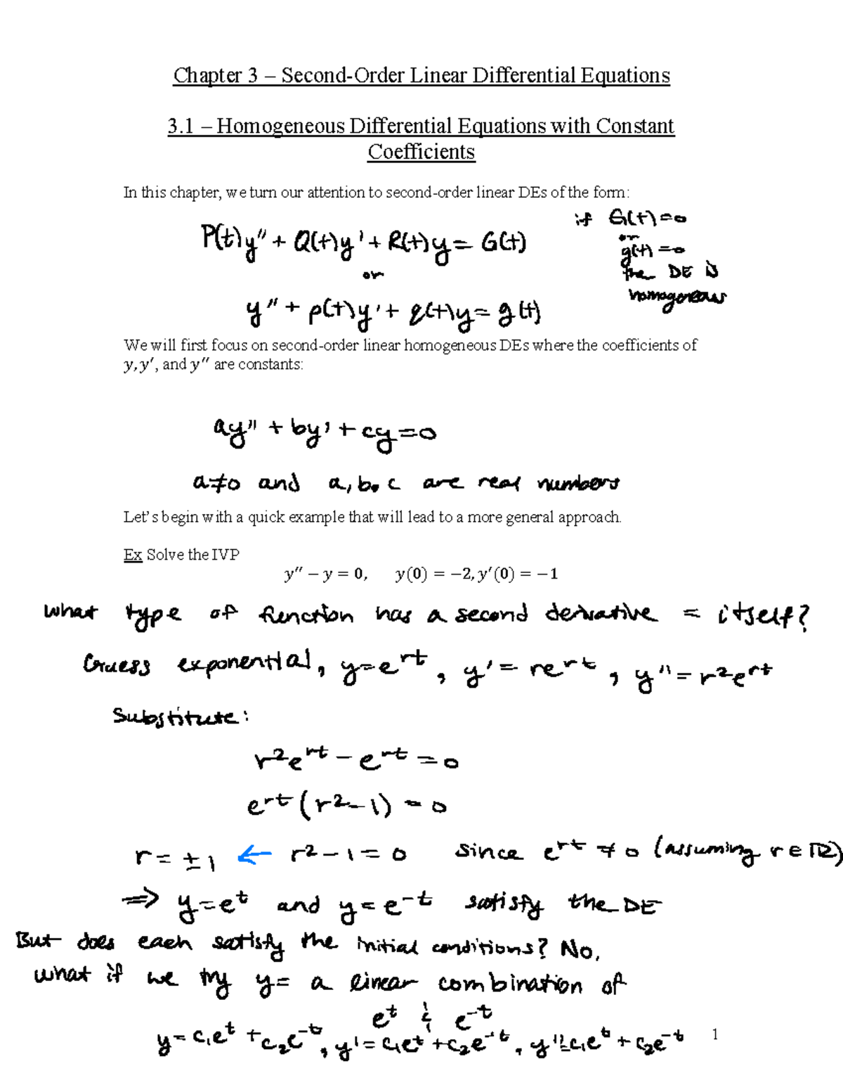 3.1 notes - 1 Chapter 3 3 Second-Order Linear Differential Equations 3 ...