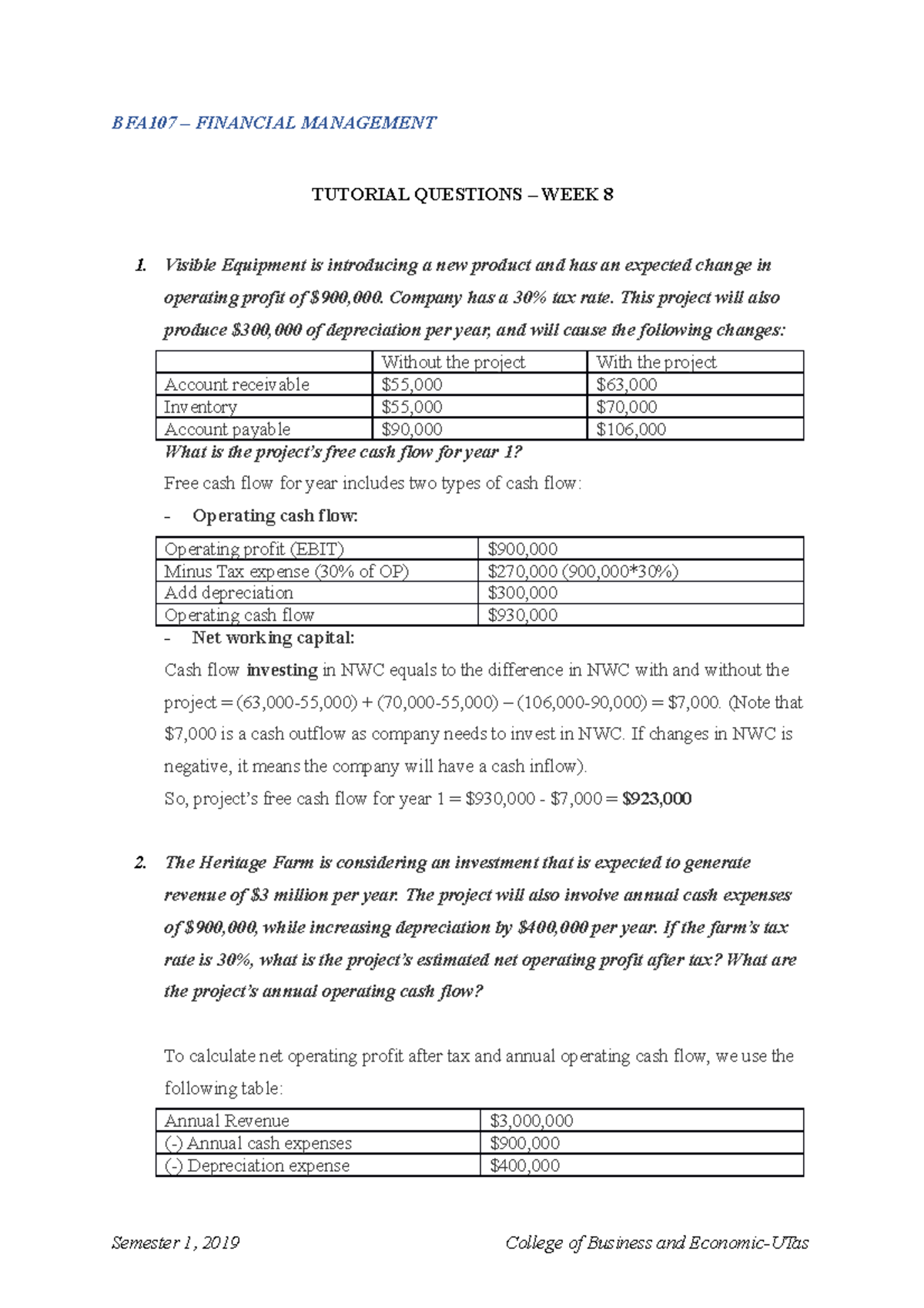 Tutorial solutions - BFA107 – FINANCIAL MANAGEMENT TUTORIAL QUESTIONS ...