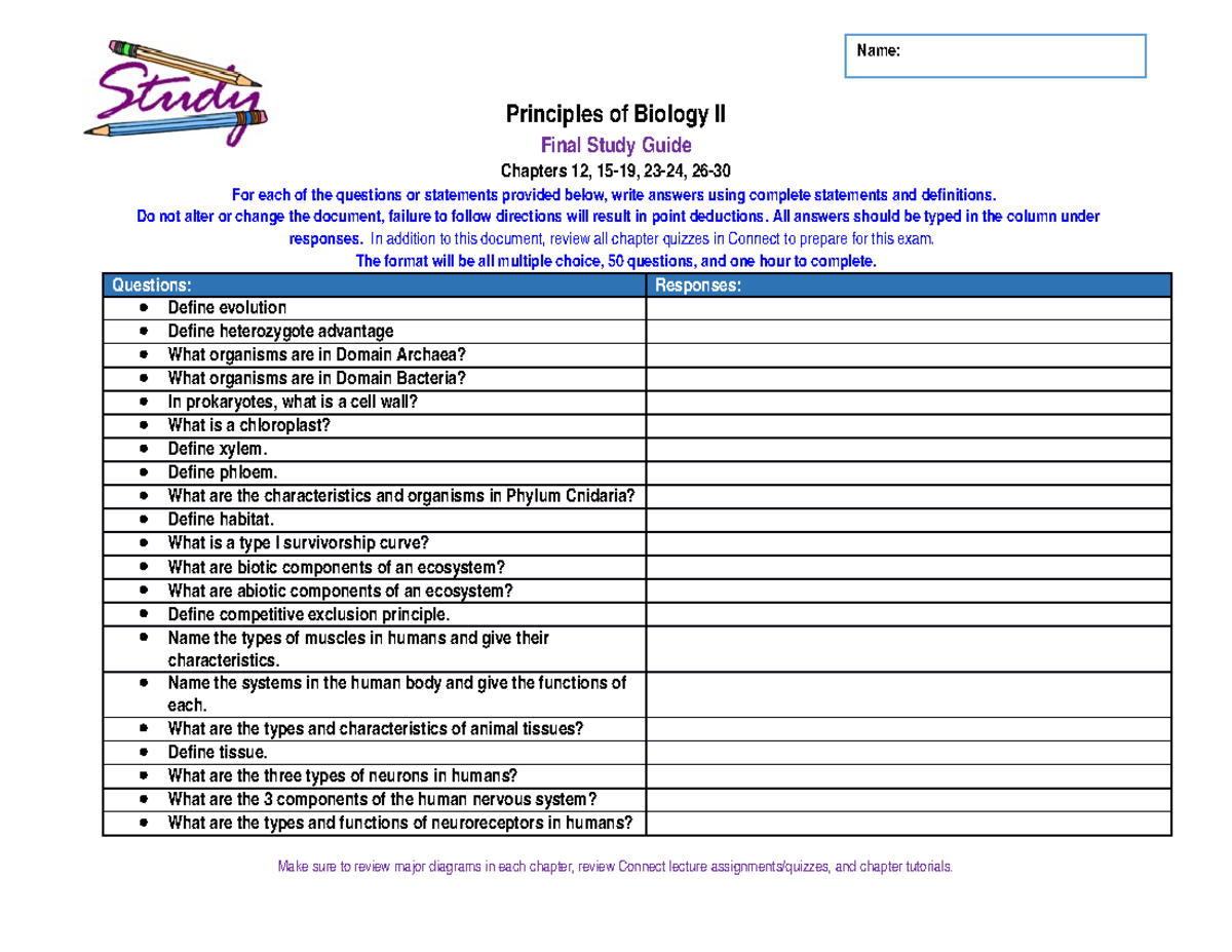 Final Exam Bio Study Guide - Principles of Biology II Final Study Guide ...