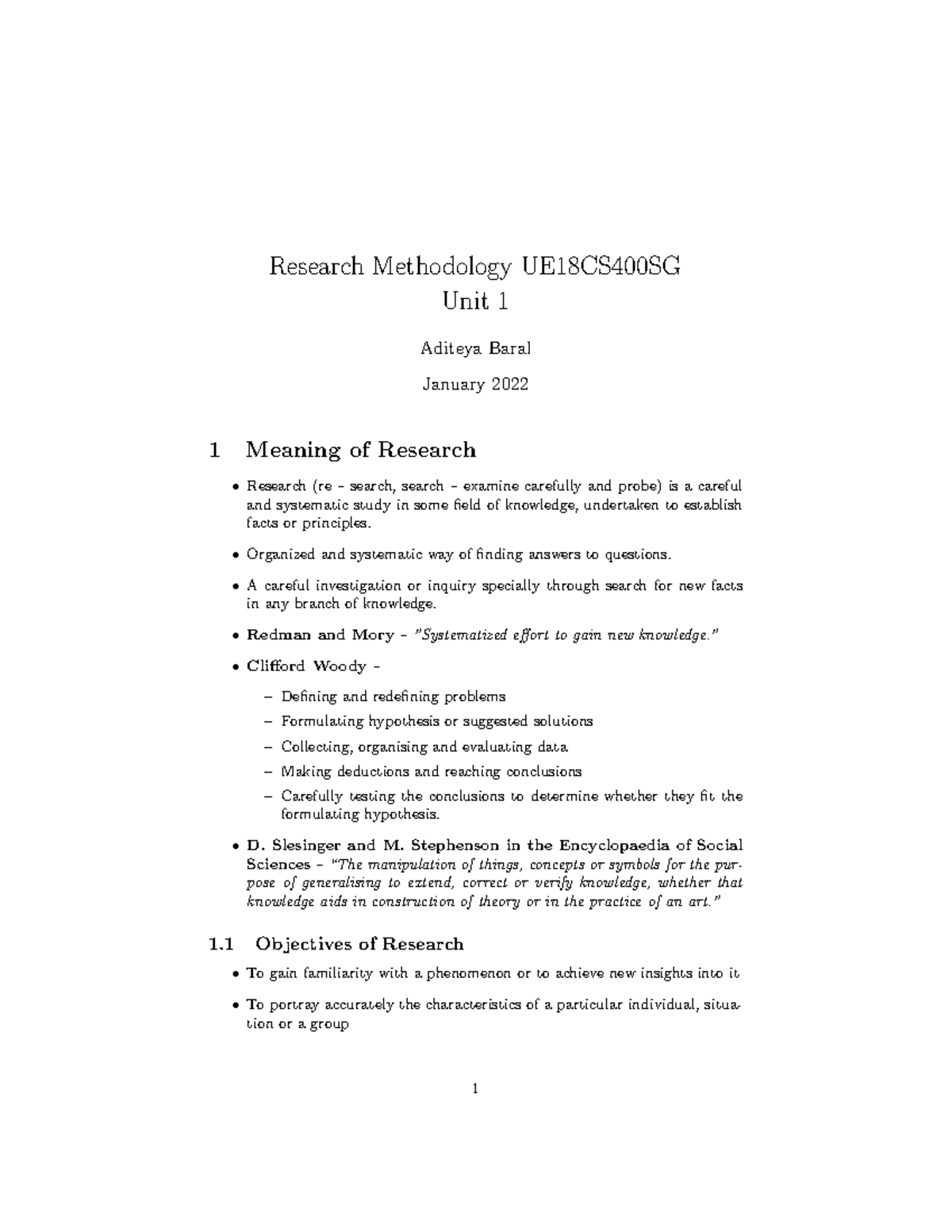 Research Methodology Unit1 - Research Methodology UE18CS400SG Unit 1 ...