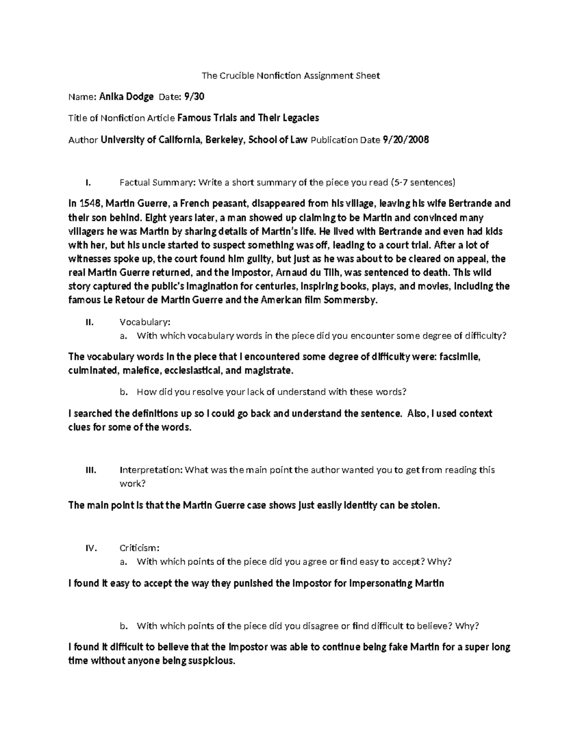 The Crucible Nonfiction Assignment Sheet - Factual Summary: Write a ...