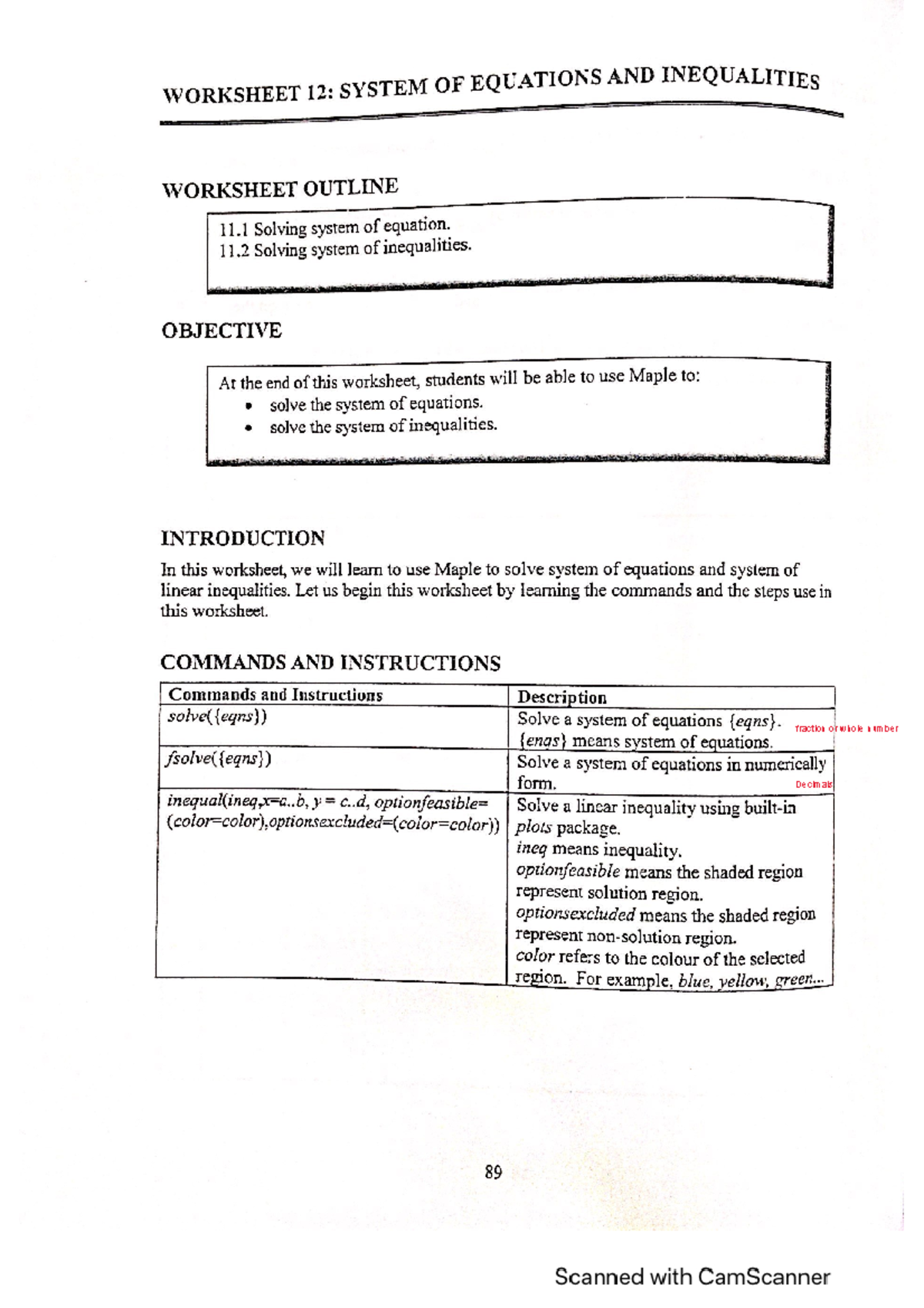 Worksheet 12 System of Equations and Inequalities - Pre Calculus ...