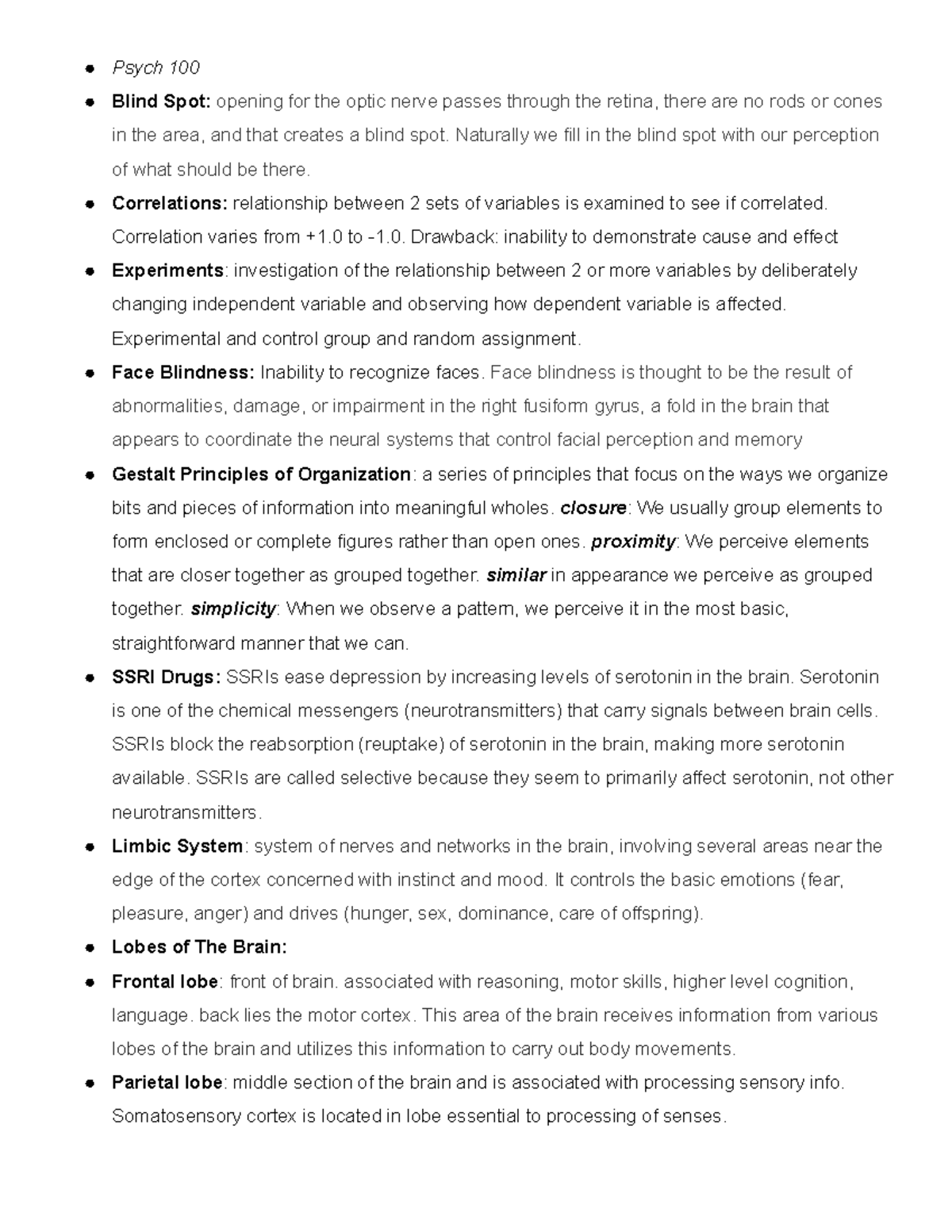 Psych 100 Notes - Psych 100 Blind Spot: opening for the optic nerve ...