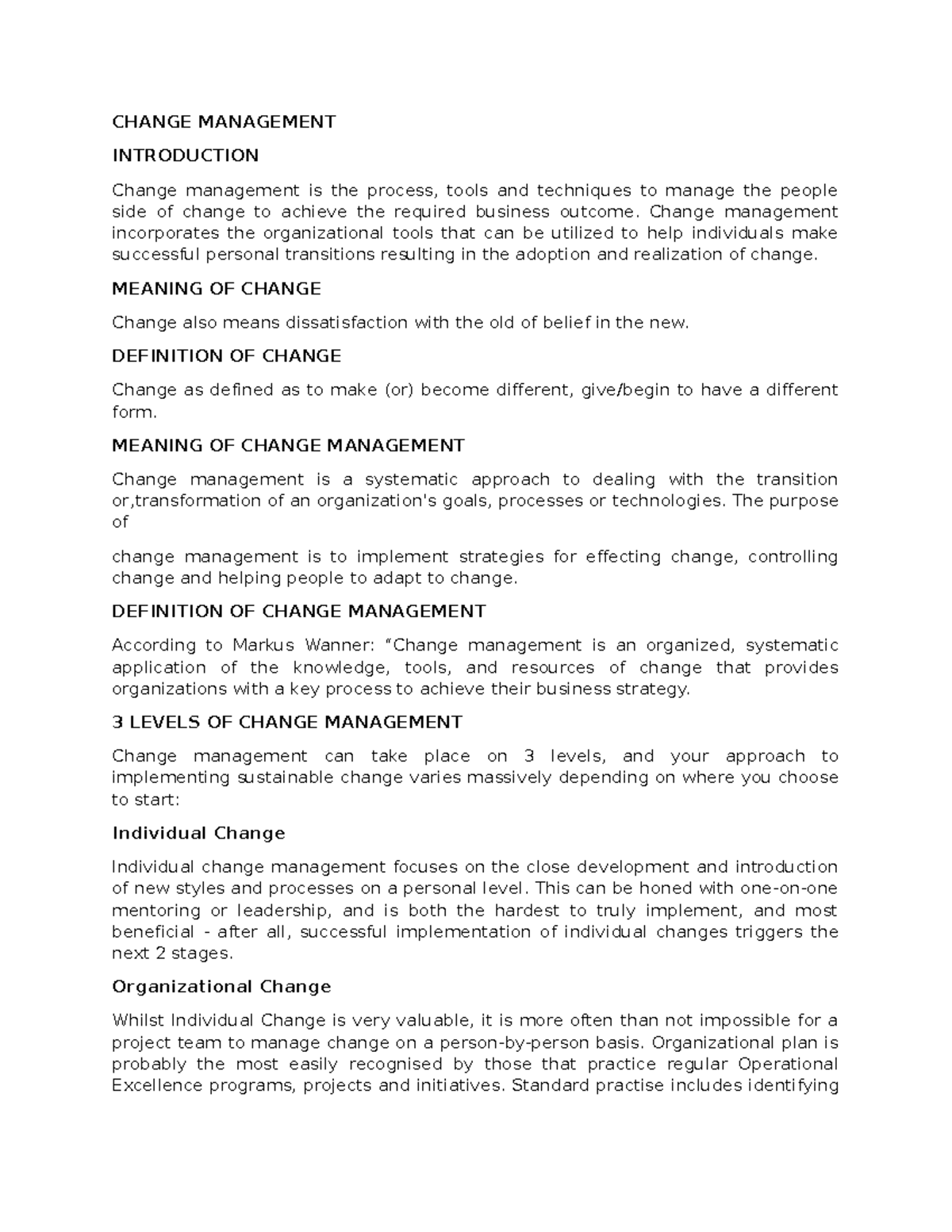 Change Management notes - CHANGE MANAGEMENT INTRODUCTION Change ...