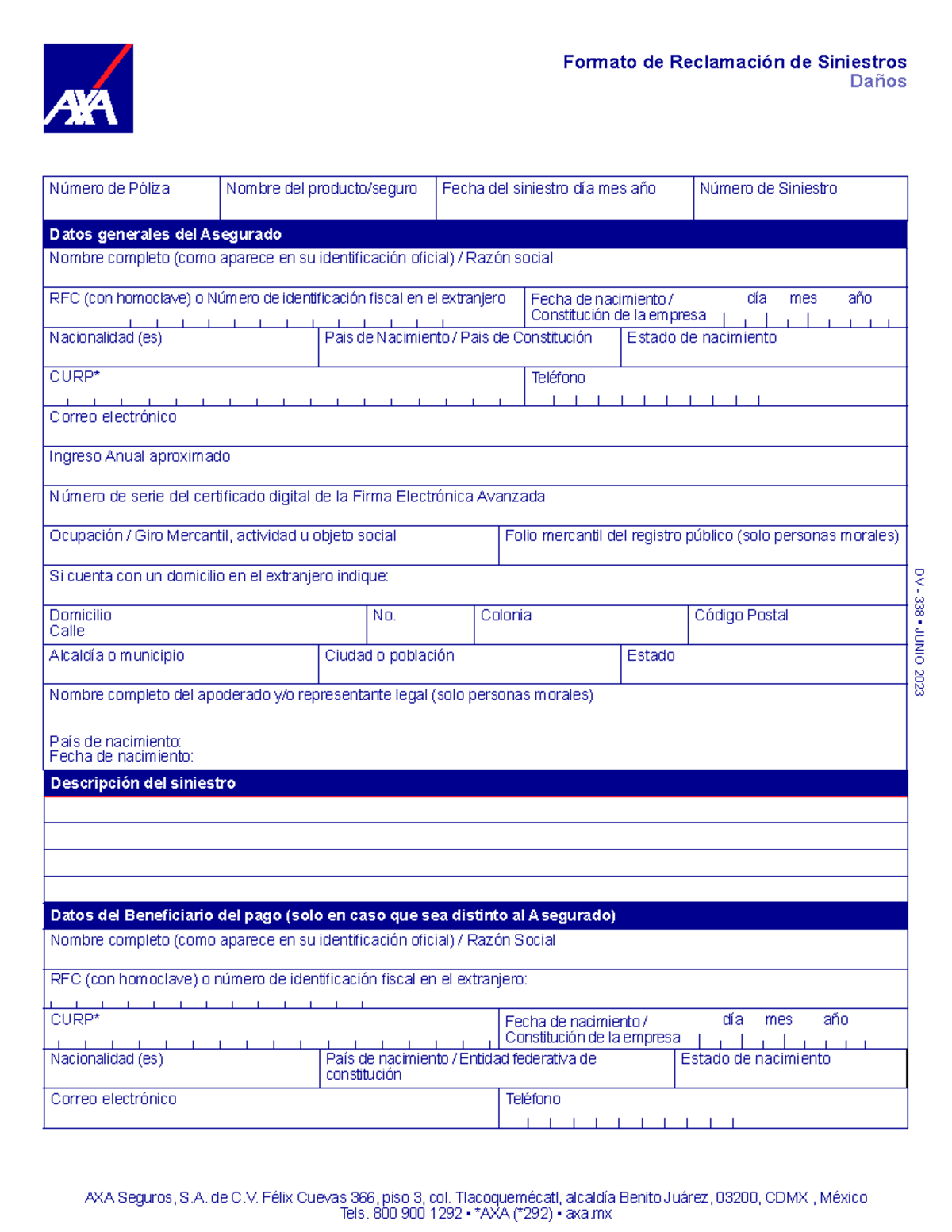 Formato Reclamacion Siniestros - DV - 338 • JUNIO 2023 Daños AXA ...