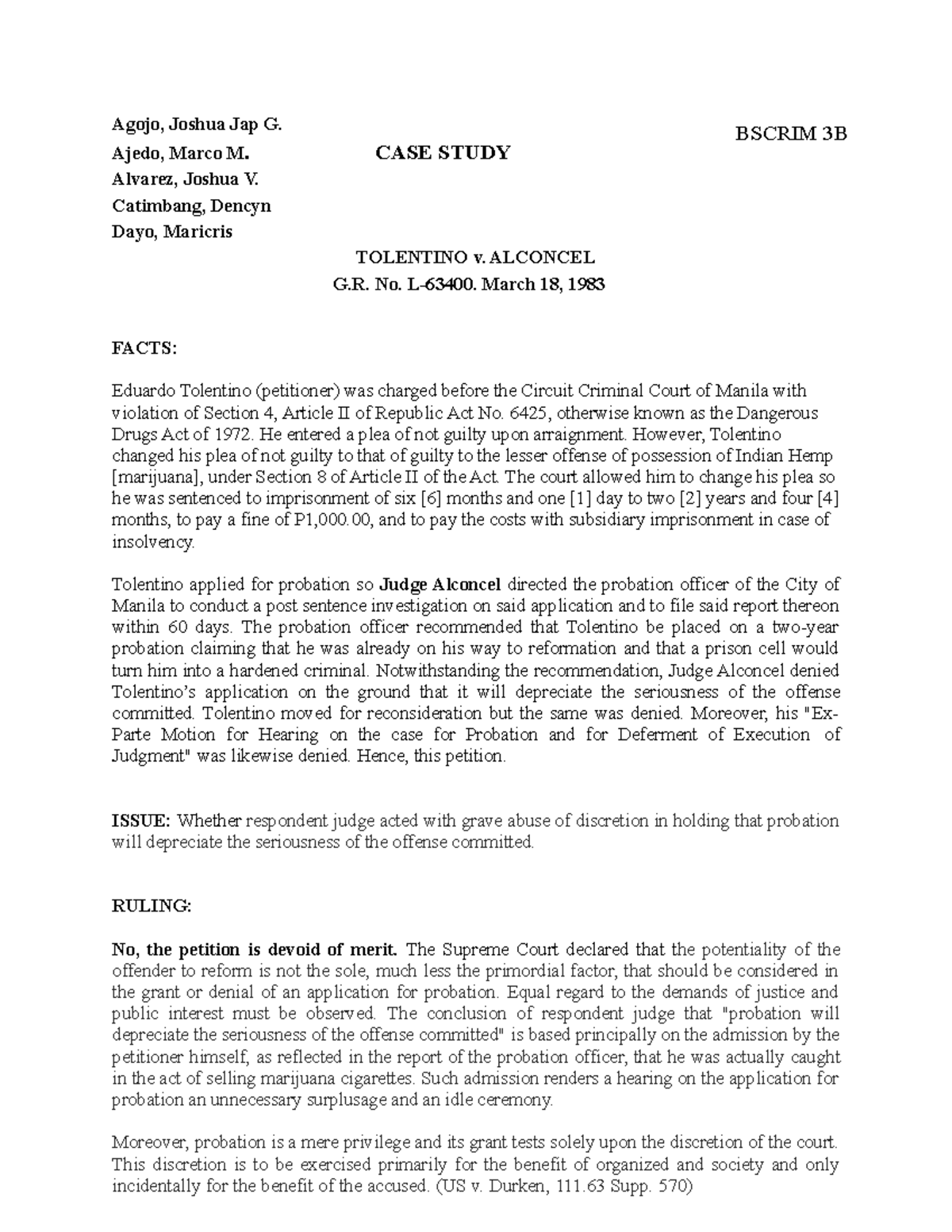 Tolentino VS Alconcel CASE Study) - Agojo, Joshua Jap G. Ajedo, Marco M ...
