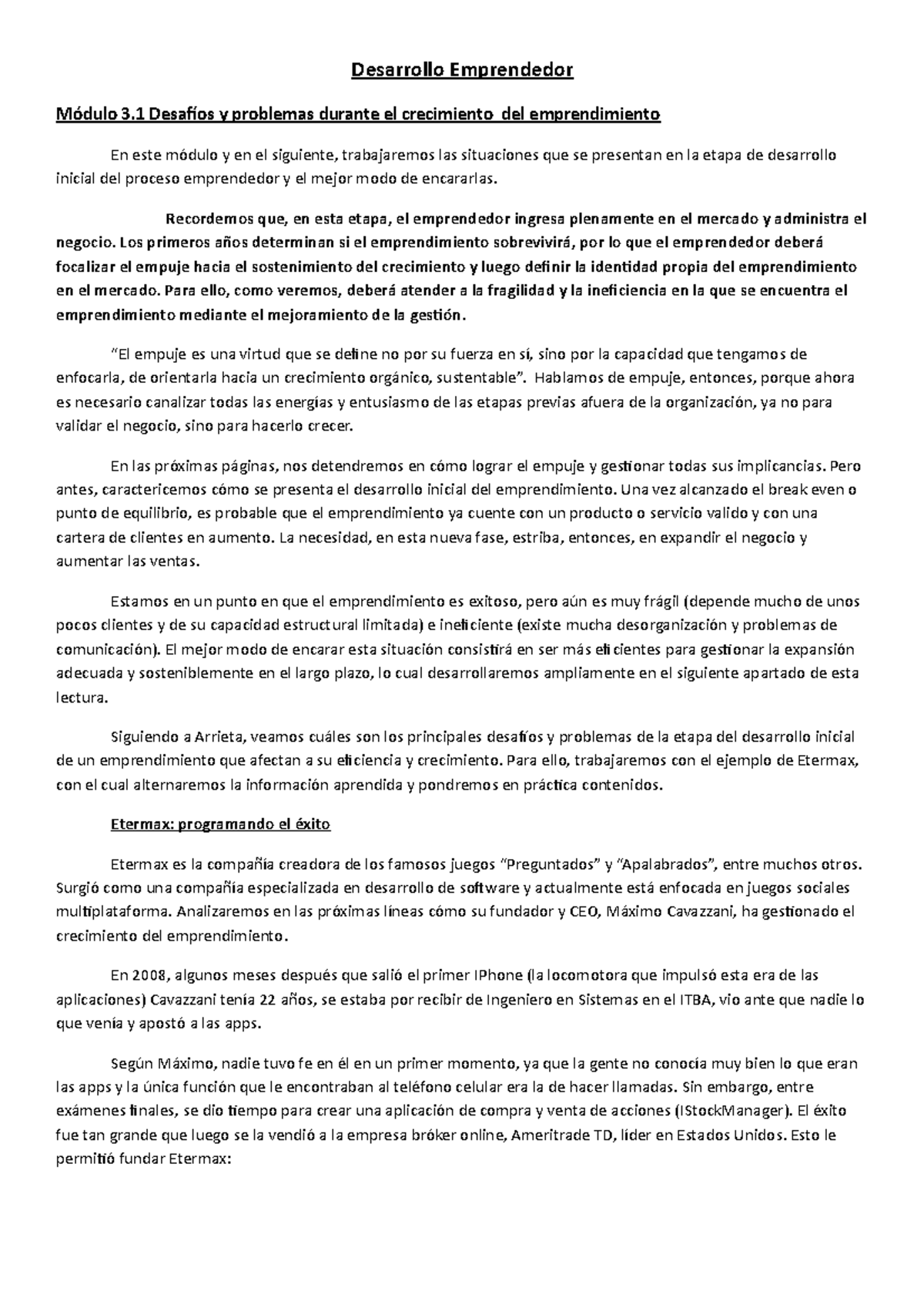 Desarrollo Emprendedor 2 - Desarrollo Emprendedor Módulo 3 Desafíos y problemas durante el - Studocu