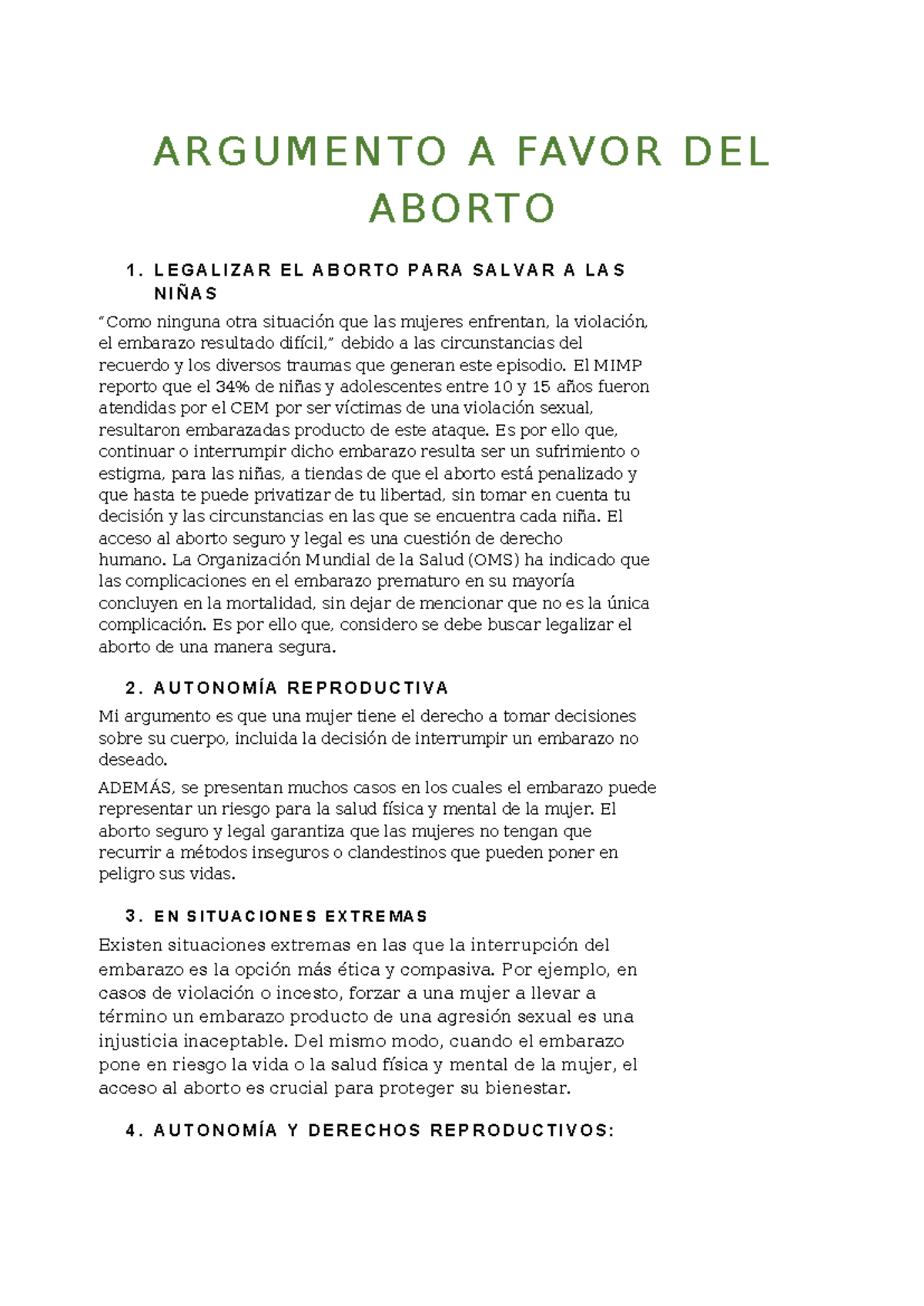 Argumento en contra del aborto - ARGUMENTO A FAVOR DEL ABORTO 1. L E G ...
