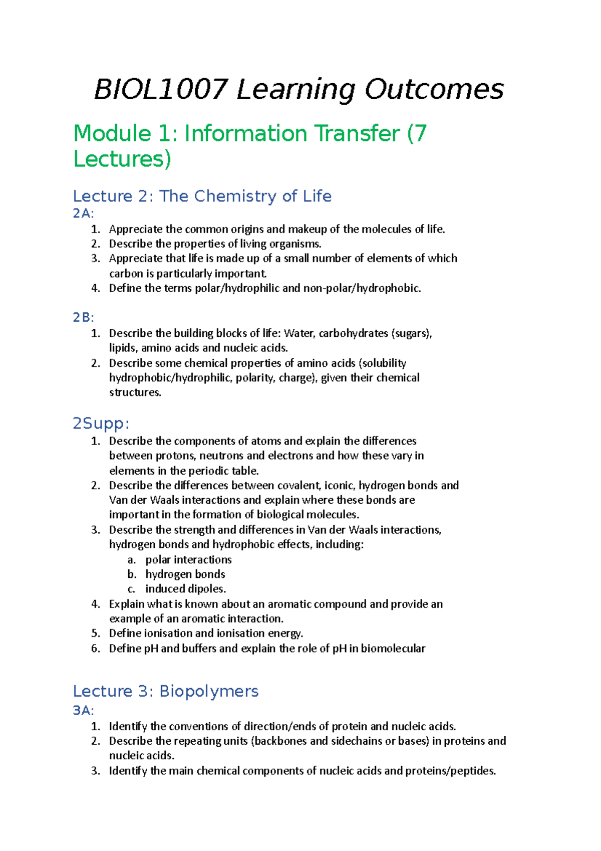 BIOL1007 Learning Outcomes - BIOL1007 Learning Outcomes Module 1 ...