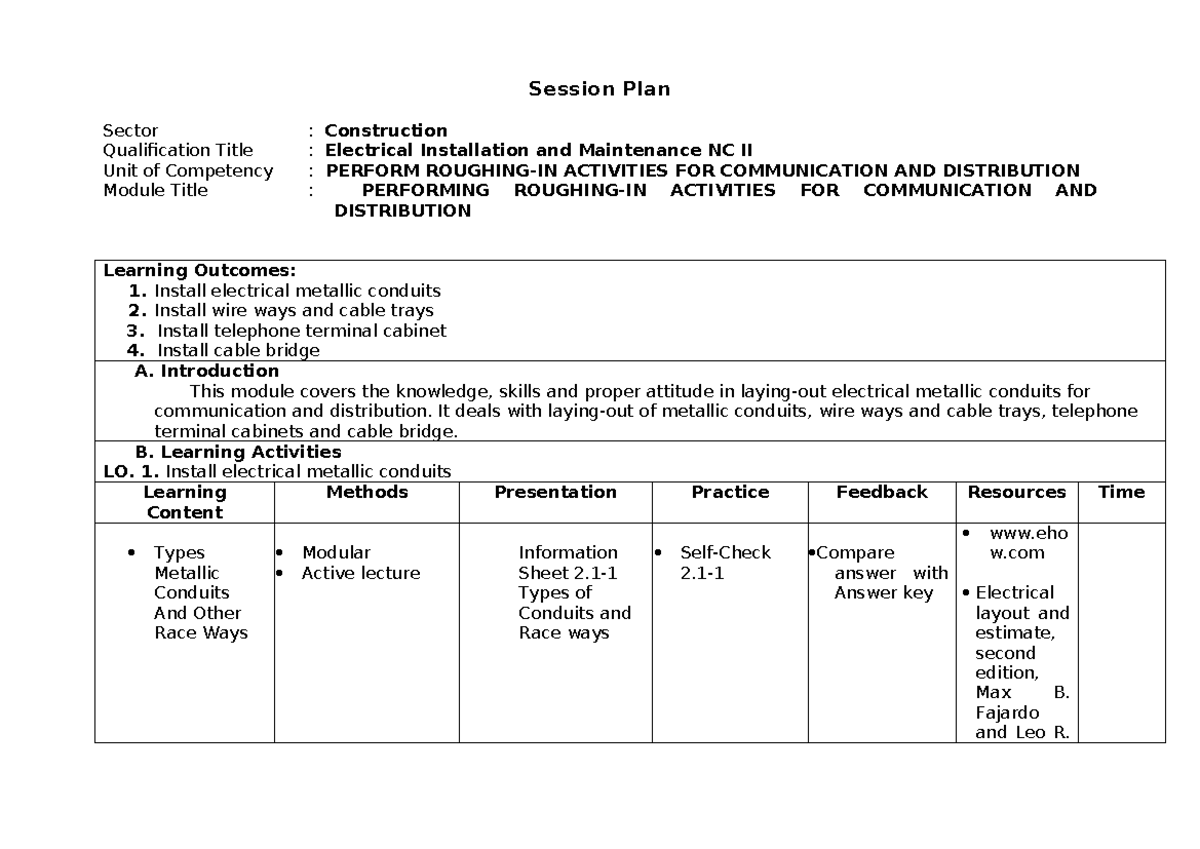 Session Plan for Autronics - Session Plan Sector : Construction ...