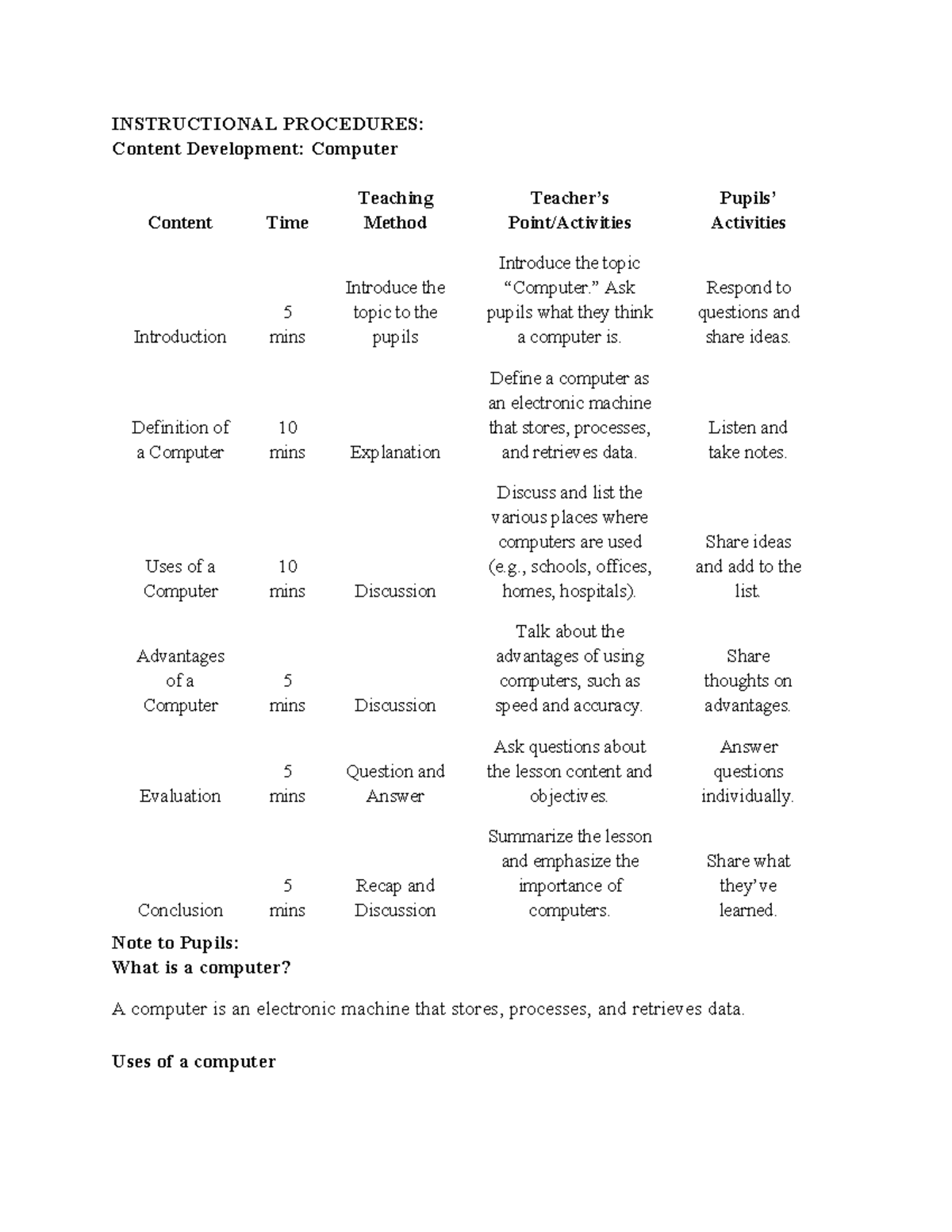 Grade 4 - introduction to computers - INSTRUCTIONAL PROCEDURES: Content ...