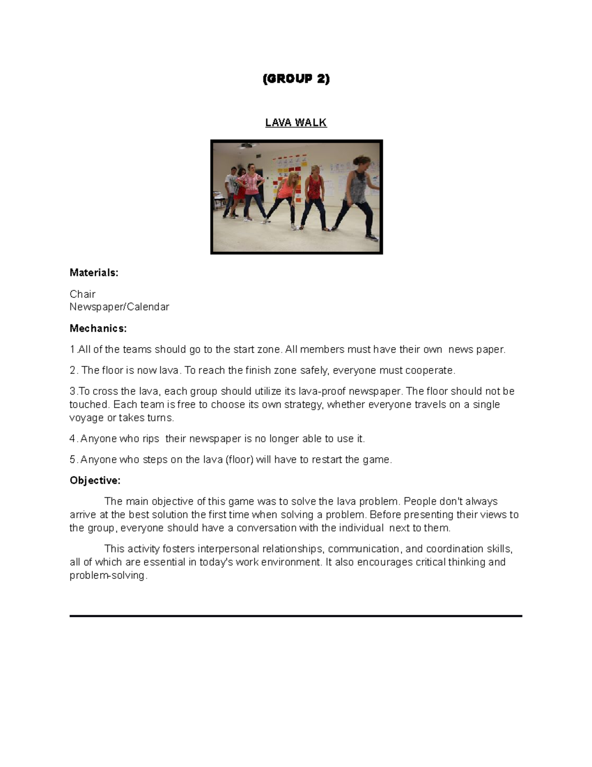 Pe laro - jijxjzia - (GROUP 2) LAVA WALK Materials: Chair Newspaper ...