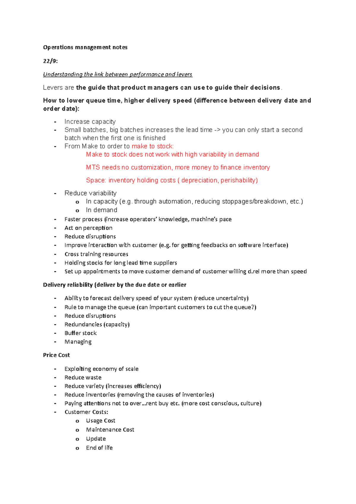 Operations management notes - Operations management notes 22/9 ...