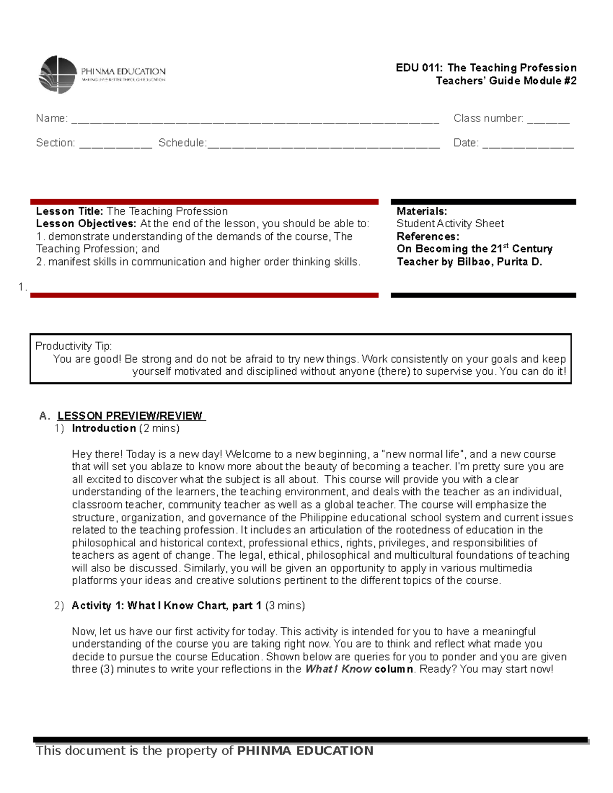 TG#2-EDU 011 - Teaching profession - Teachers’ Guide Module # Name ...